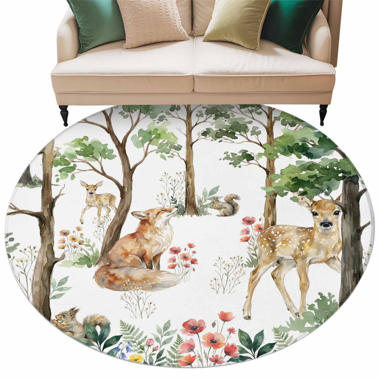 Forest Animals Large Round Rug 7Ft Watercolor Small Deer Fox Squirrels ...