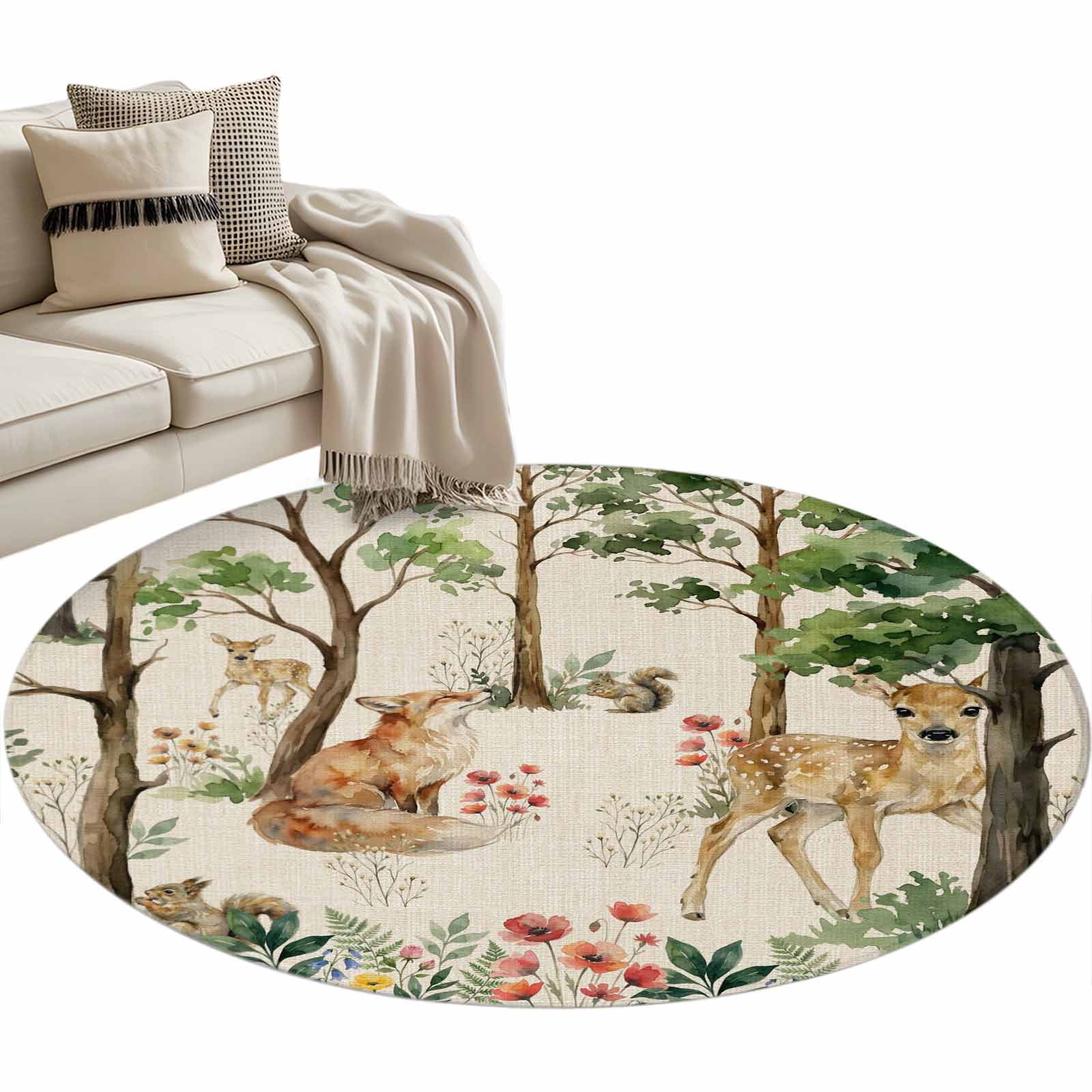 Forest Animals Round Rug 4Ft Small Deer Fox Squirrels Flower Tree Linen ...