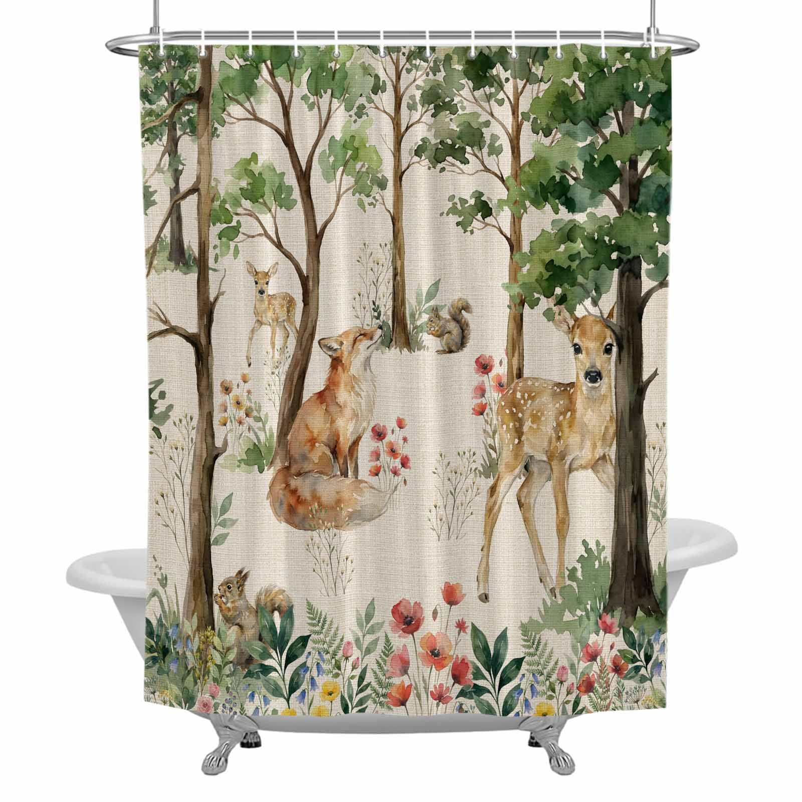 Forest Animals Shower Curtain for Bathroom, Small Deer Fox Squirrels ...