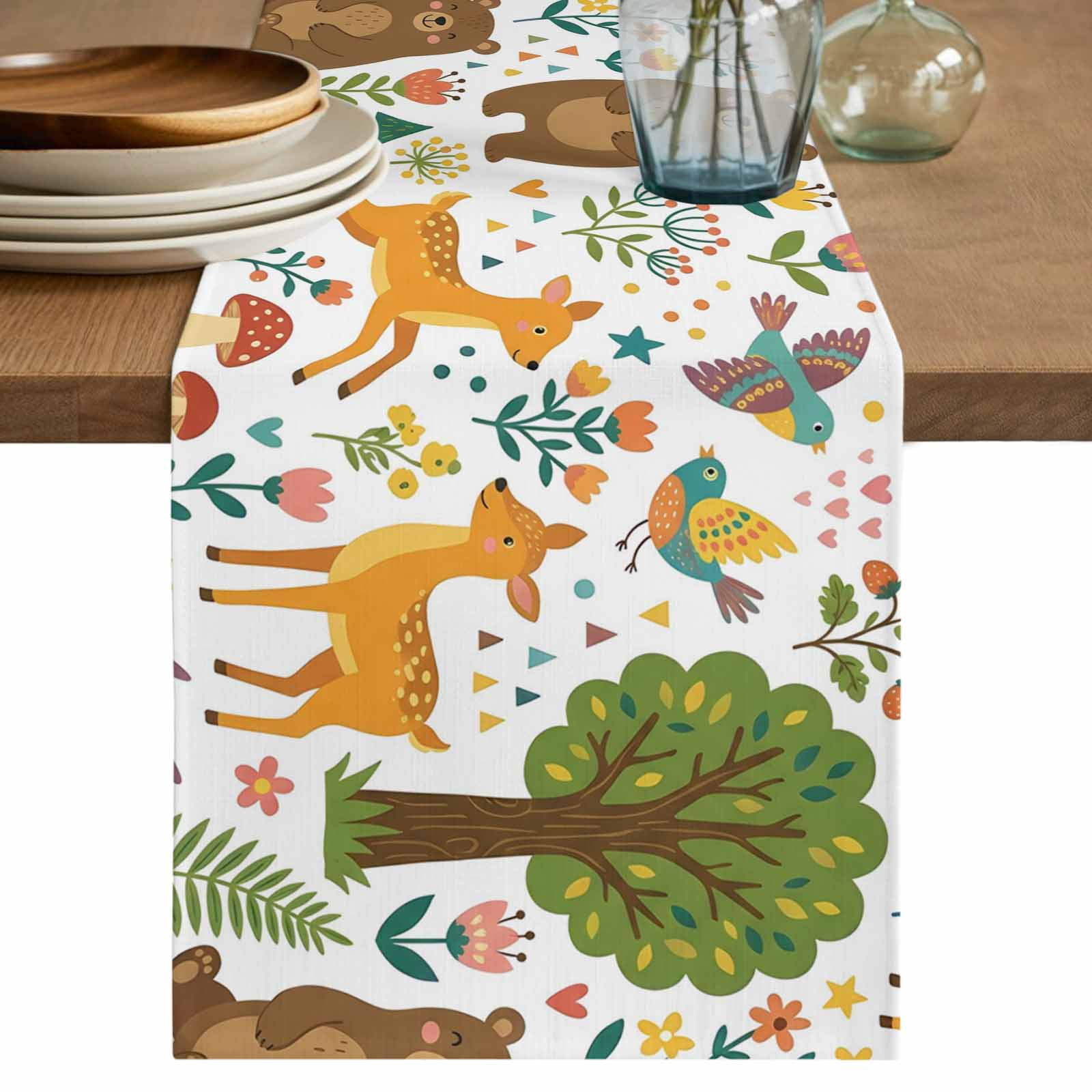 Forest Animals Table Runner 72 Inches, Cartoon Cute Sika Deer Bears ...