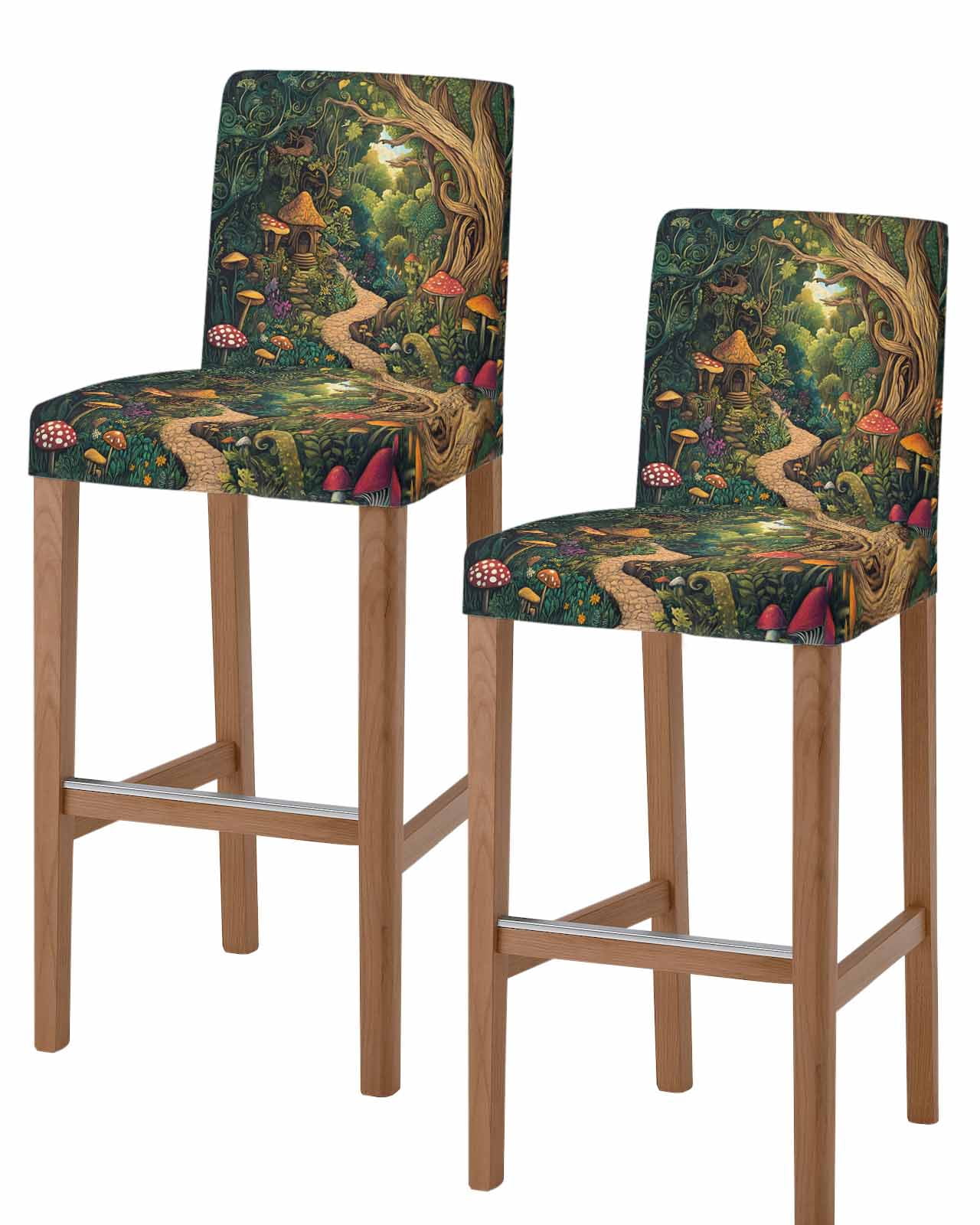 Forest Bar Stool Covers Set of 2, Vintage Cottage Mushroom Tree Floral ...