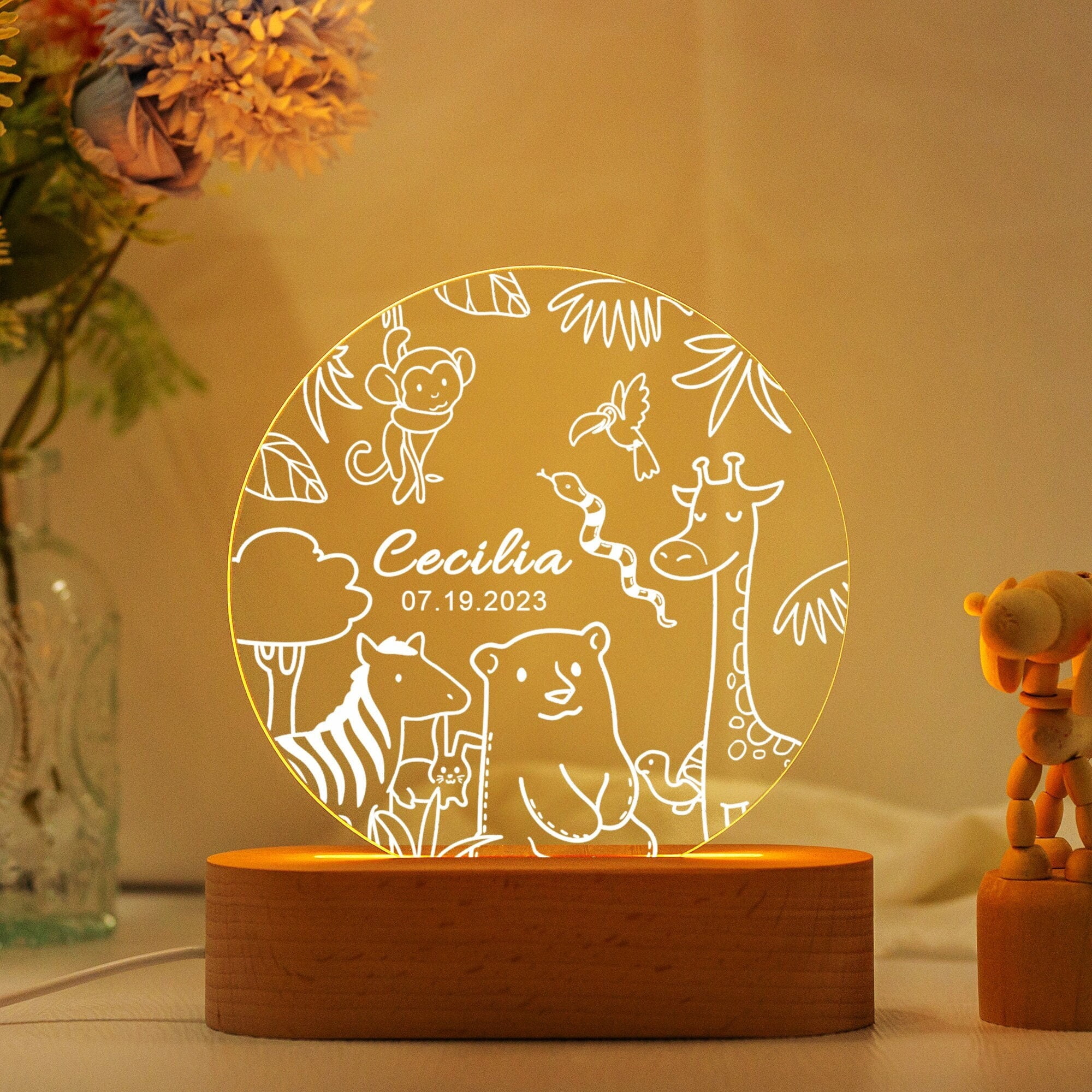 Forest Bear Animal Custom Table Light Acrylic Plaque Wooden Base Family ...