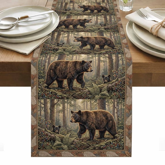 Forest Bear Cotton Linen Table Runner Country Jungle Animal Tree Leaf ...