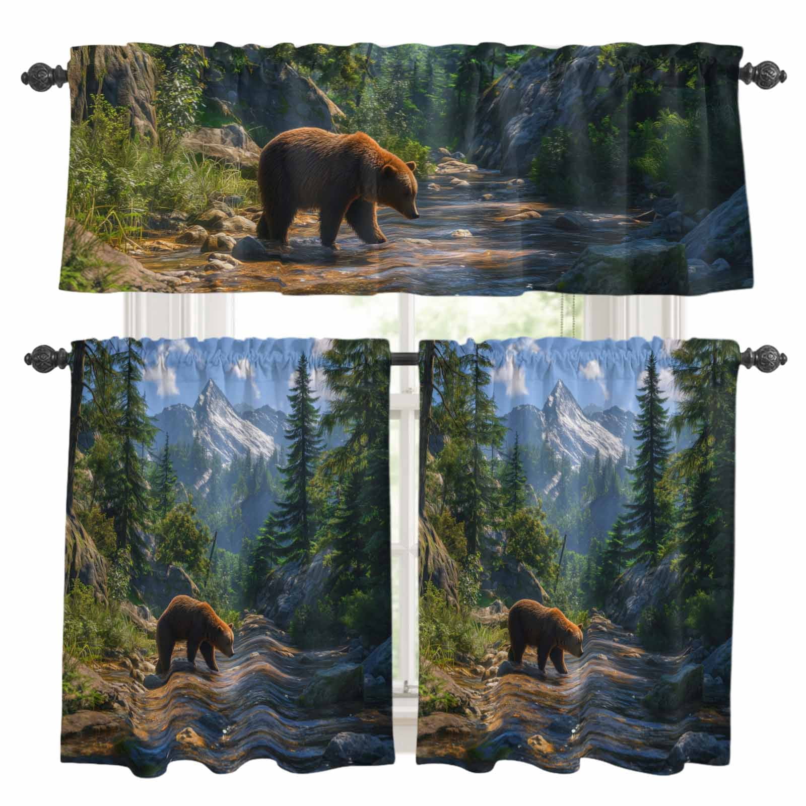 Forest Bear Kitchen Curtains Valances and Tiers Set of 3 Vintage Bear ...