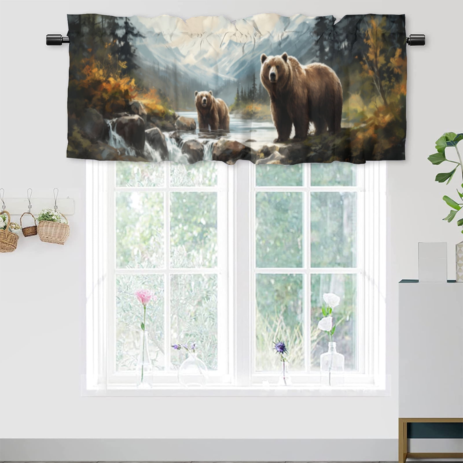 Forest Bear Printed Window Curtains Valances for Kitchen Misty ...