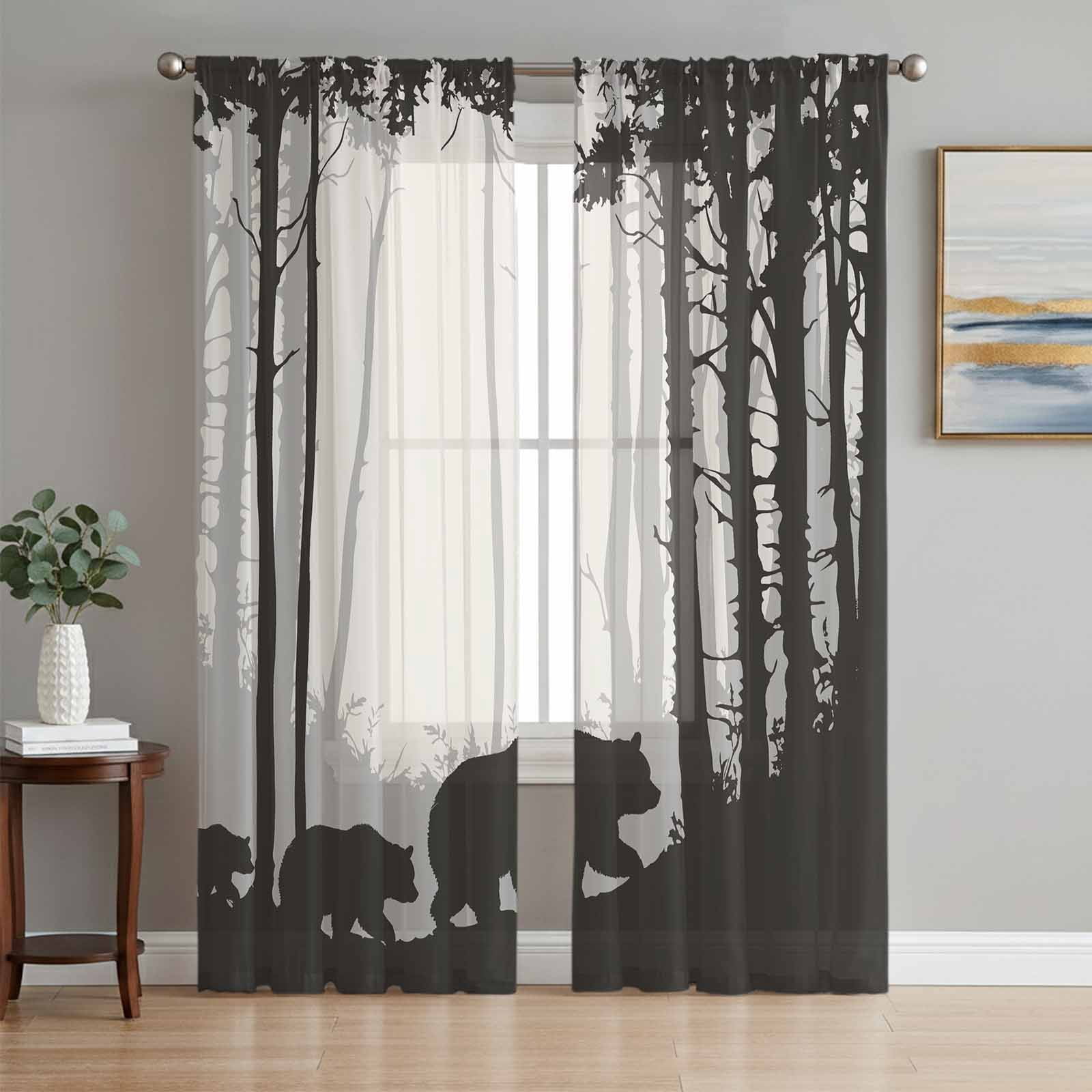 Forest Bear Sheer Curtains 63 Inch Length 2 Panels Set, Black Grey ...