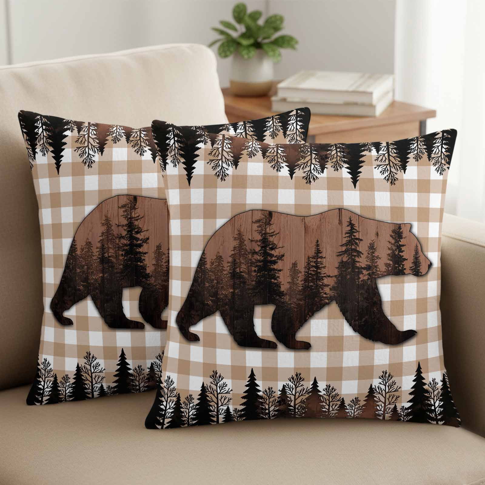 Forest Bear Silhouette Pillow Covers Set of 2, Country Farmhouse Animal ...