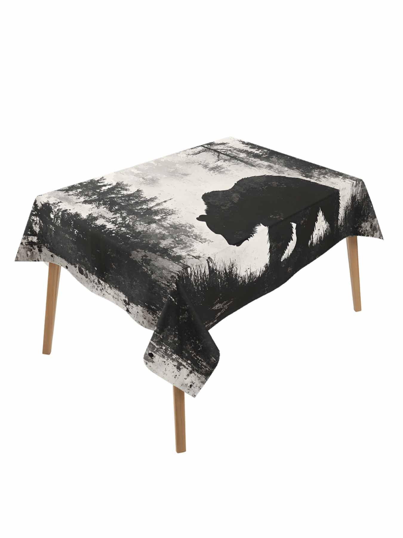 Forest Bear Table Cloth, Retro Modern Art Nature Tree Greyscale ...