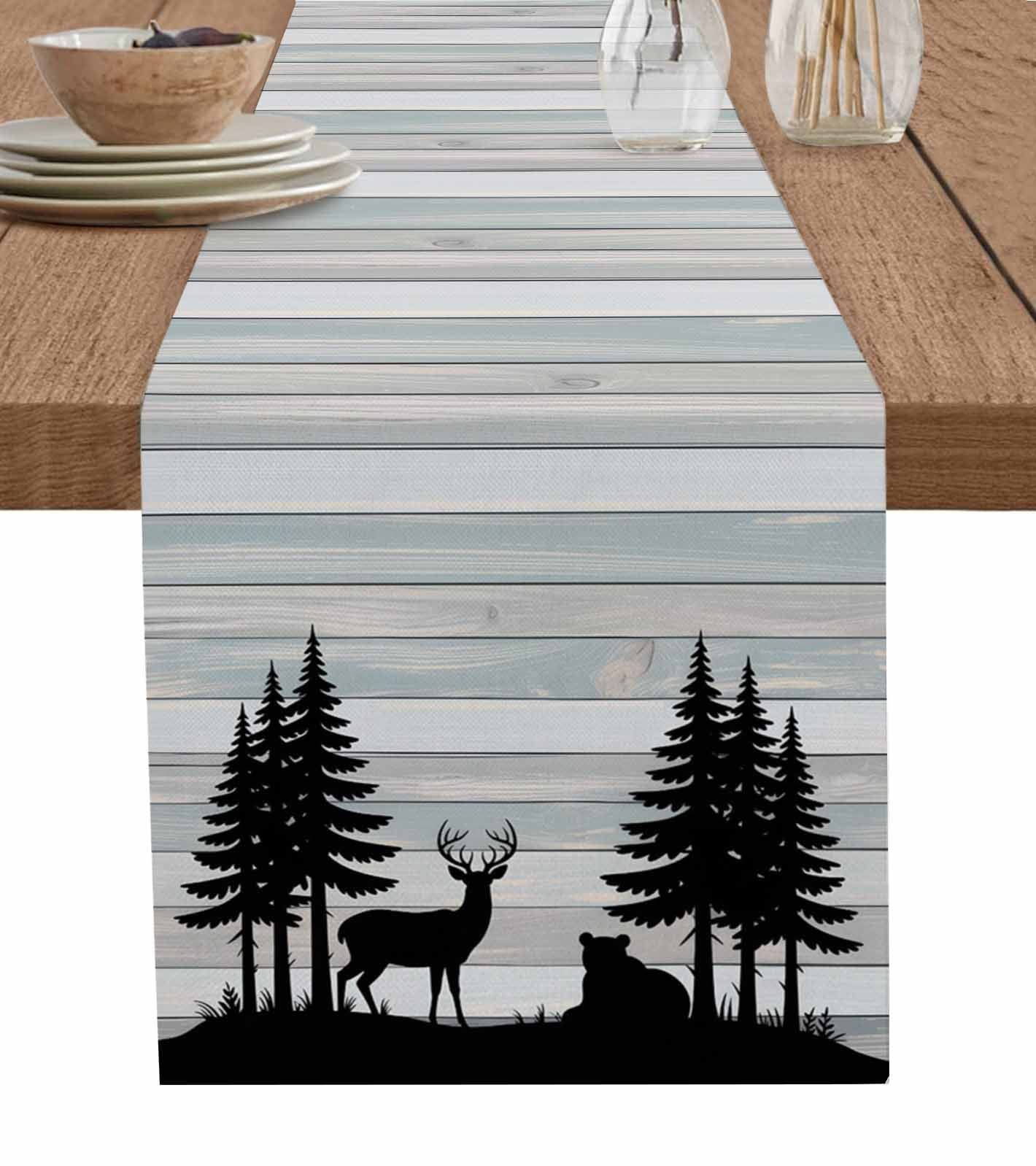 Forest Bear Table Runner 70 Inches, Silhouette Elk Stripes Tree Wood ...