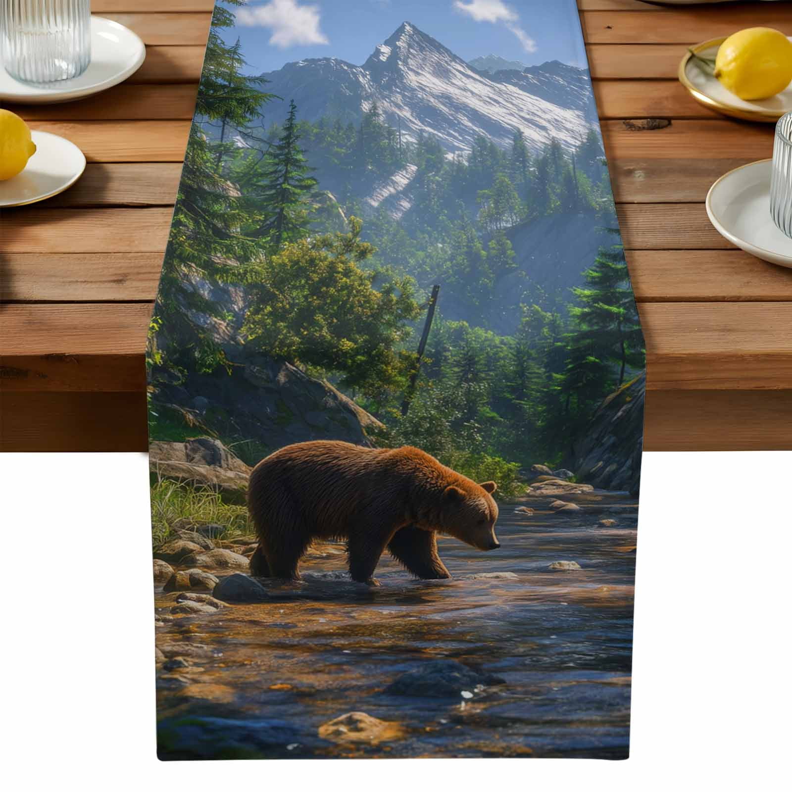 Forest Bear Table Runner, Vintage Bear by River Green Trees Mountains ...