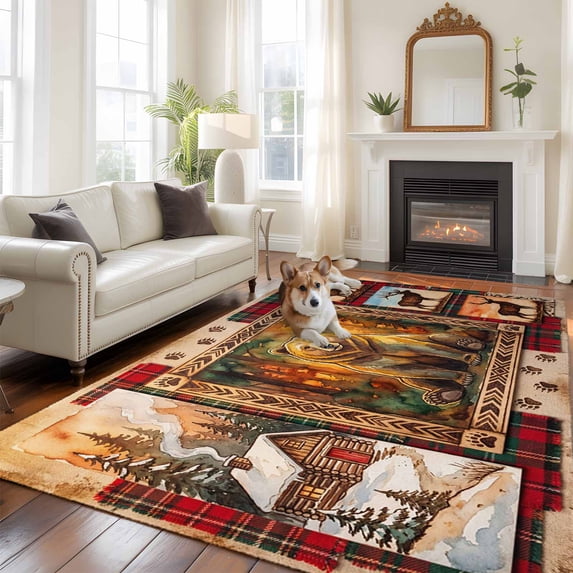 Forest Bear Washable Area Rug 6x9 Country Forest Farmhouse Wolf Deer ...