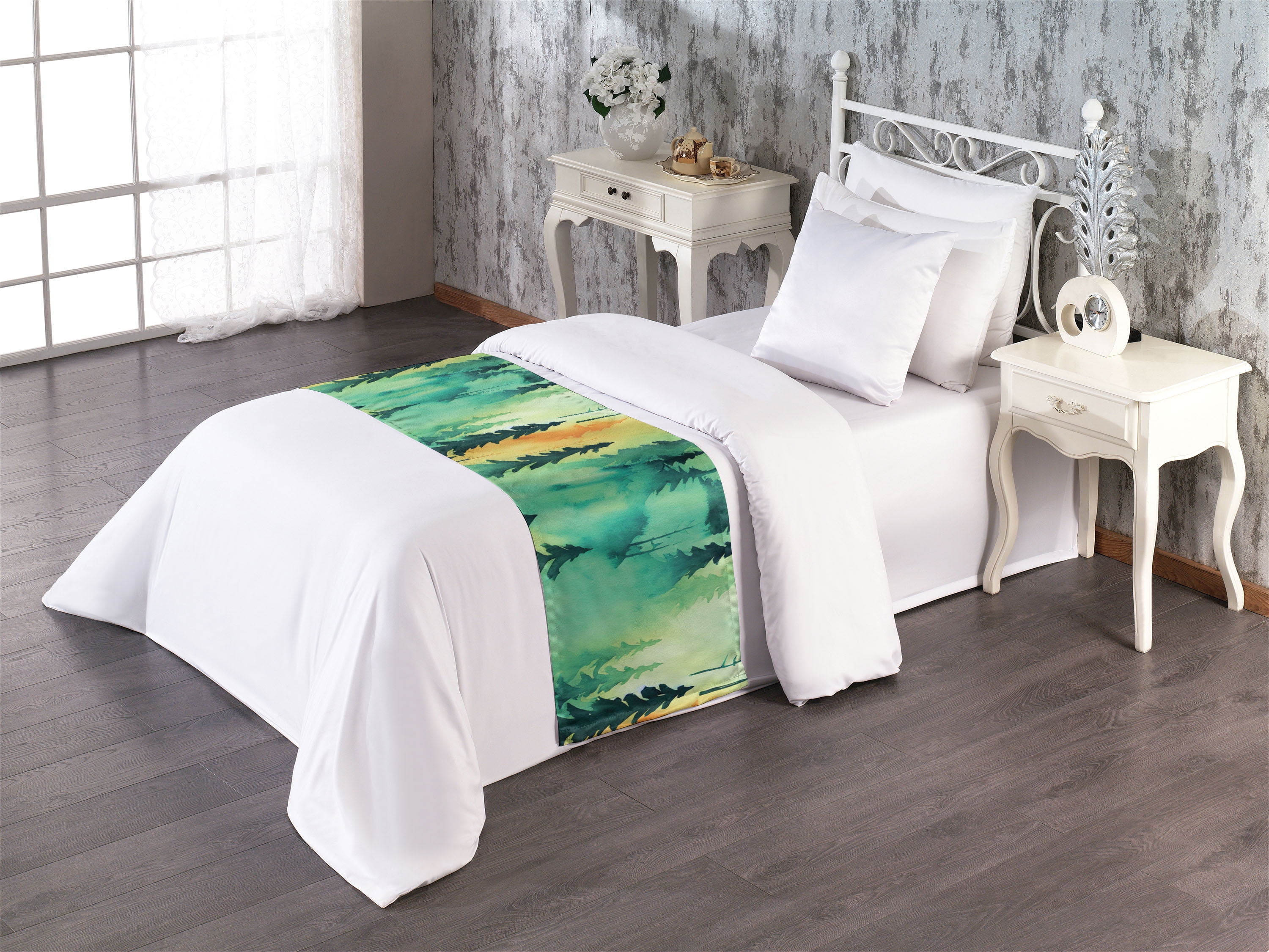 Forest Bed Runner, Vintage Looking Foggy Jungle Landscape Drawing ...