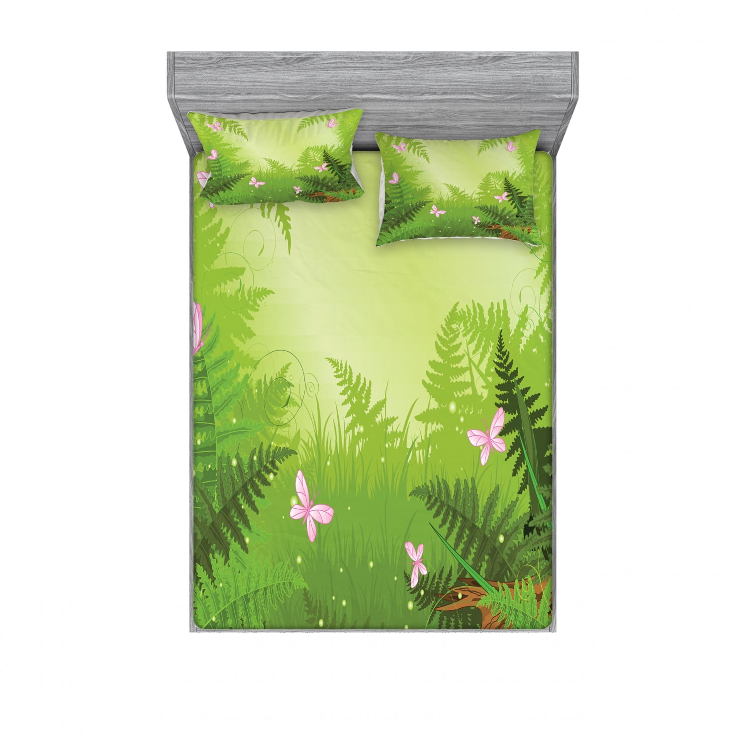 Forest Bedding Set with Sheet & Covers, Landscape with Pink Butterflies ...