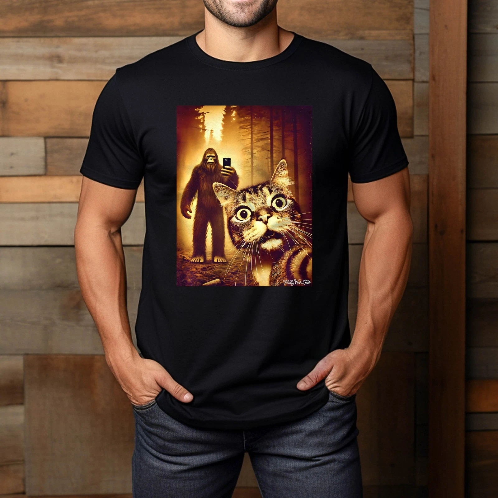 Forest Bigfoot Cat Selfie Meme with Funny Encounter Art Unisex T-Shirt ...