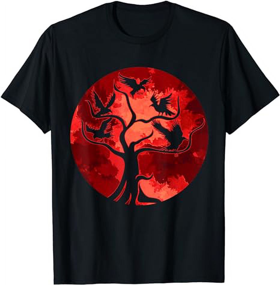 Forest Bird Creepy Night Raven Gothic Animal Red Moon Crow T-Shirt ...