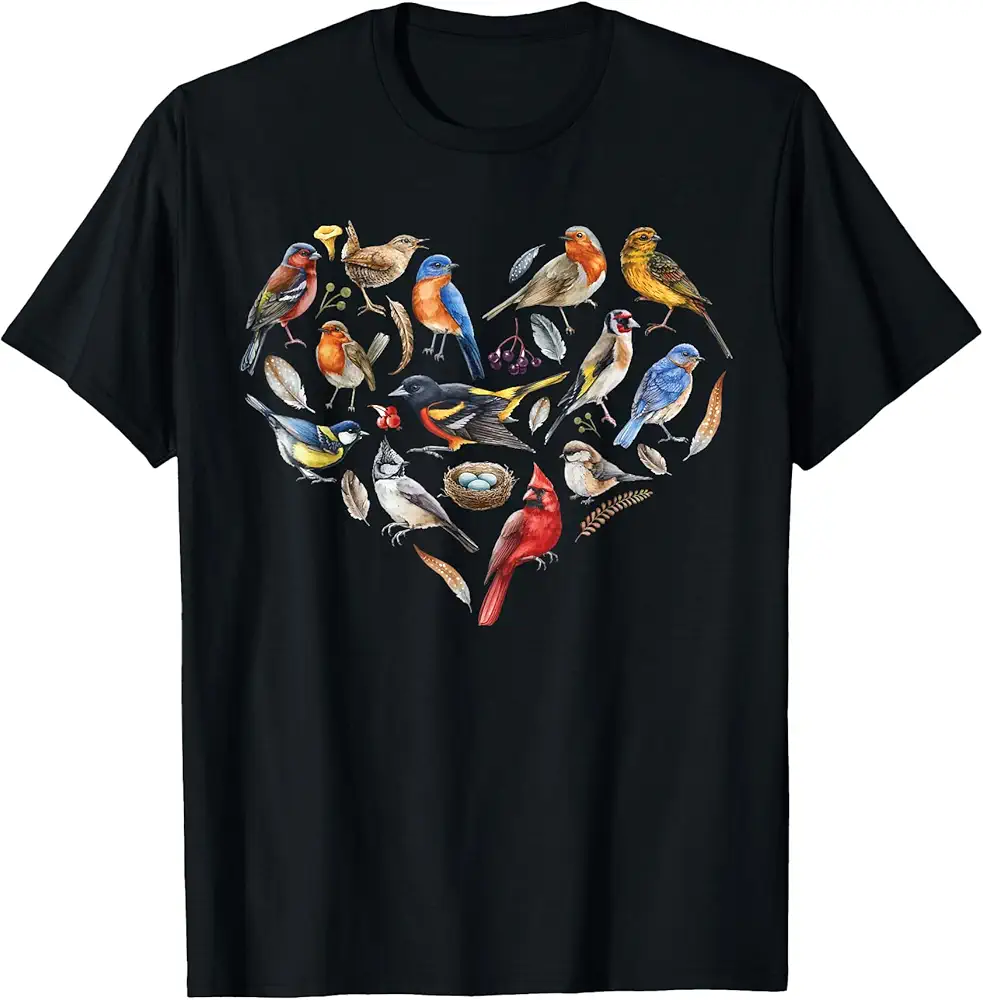 Forest Bird Heart Cardinal Wren Chickadee Graphic Top Unisex T-Shirt up ...