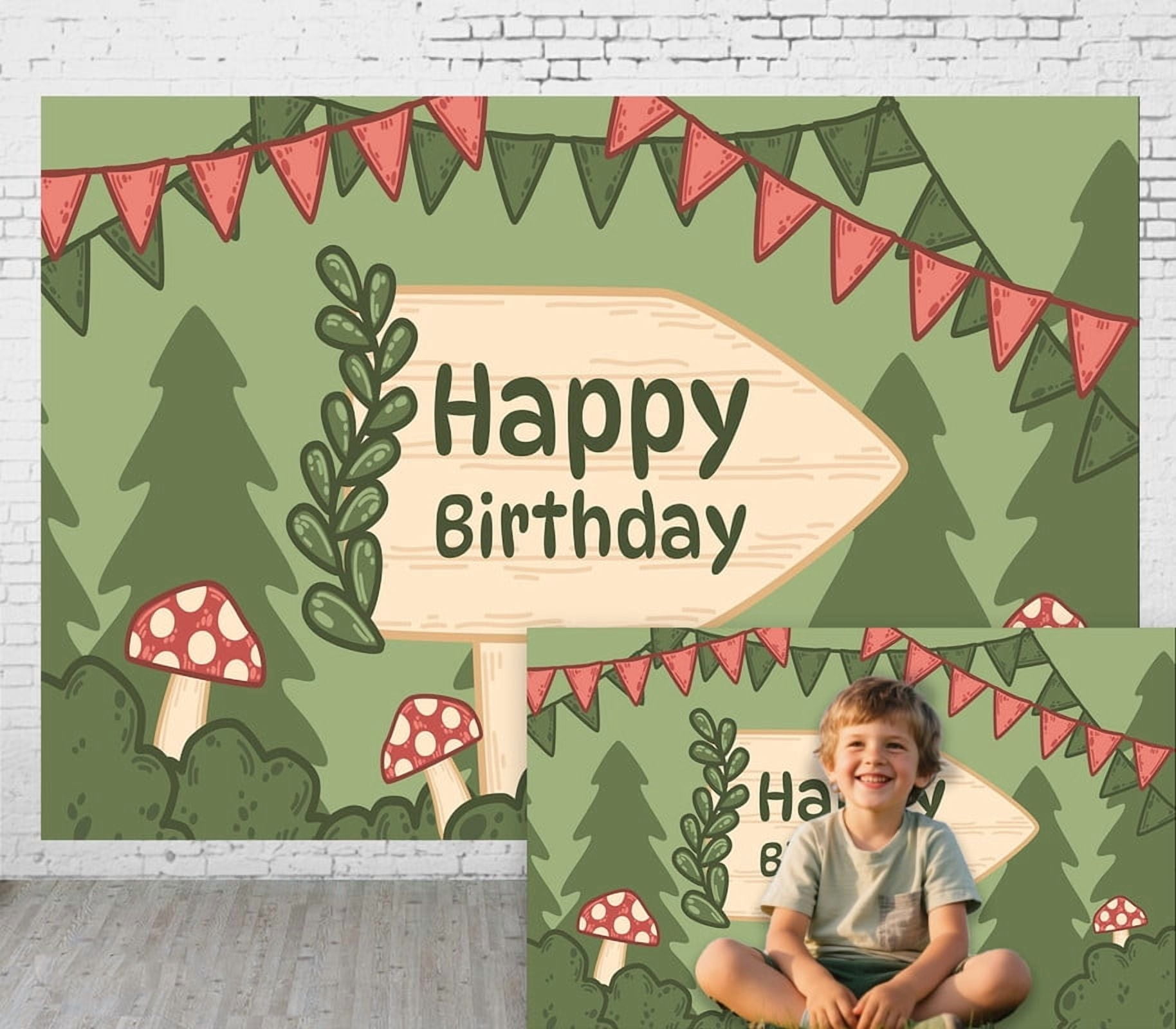 Forest Birthday Theme Backdrop, Pine trees mushrooms colorful flags a ...