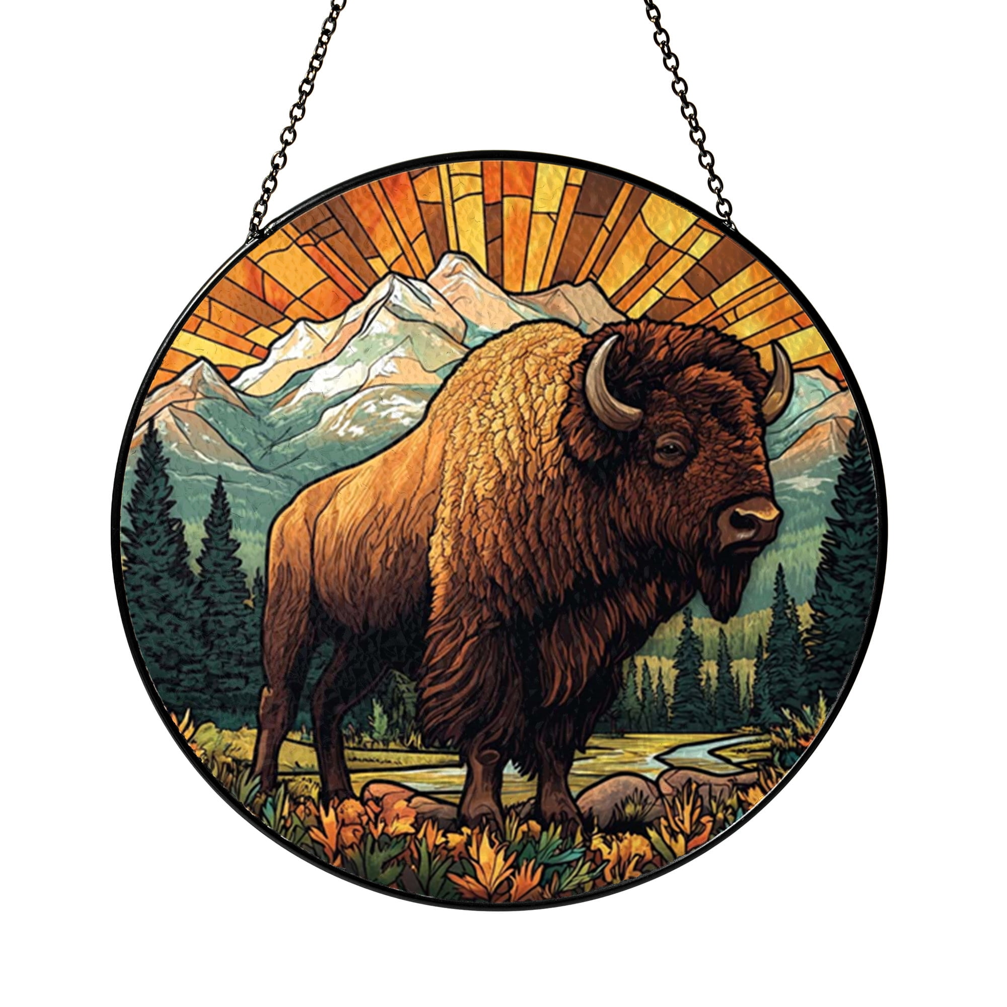 Forest Bison Animal Stained Glass Style Window Hanging, Decorative ...
