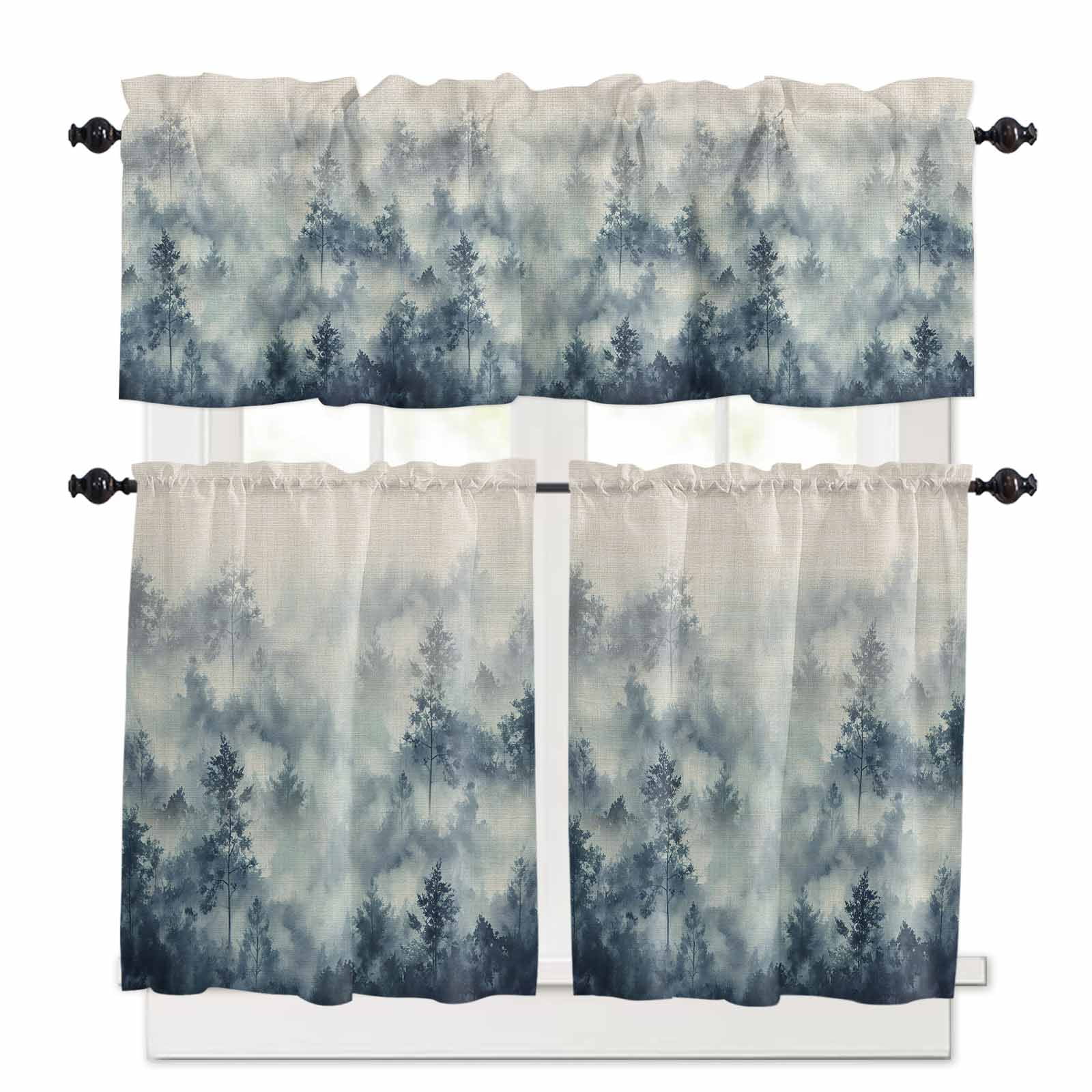 Forest Blue Kitchen Curtains Set for Windows 3 Pieces,36 Inch Length ...