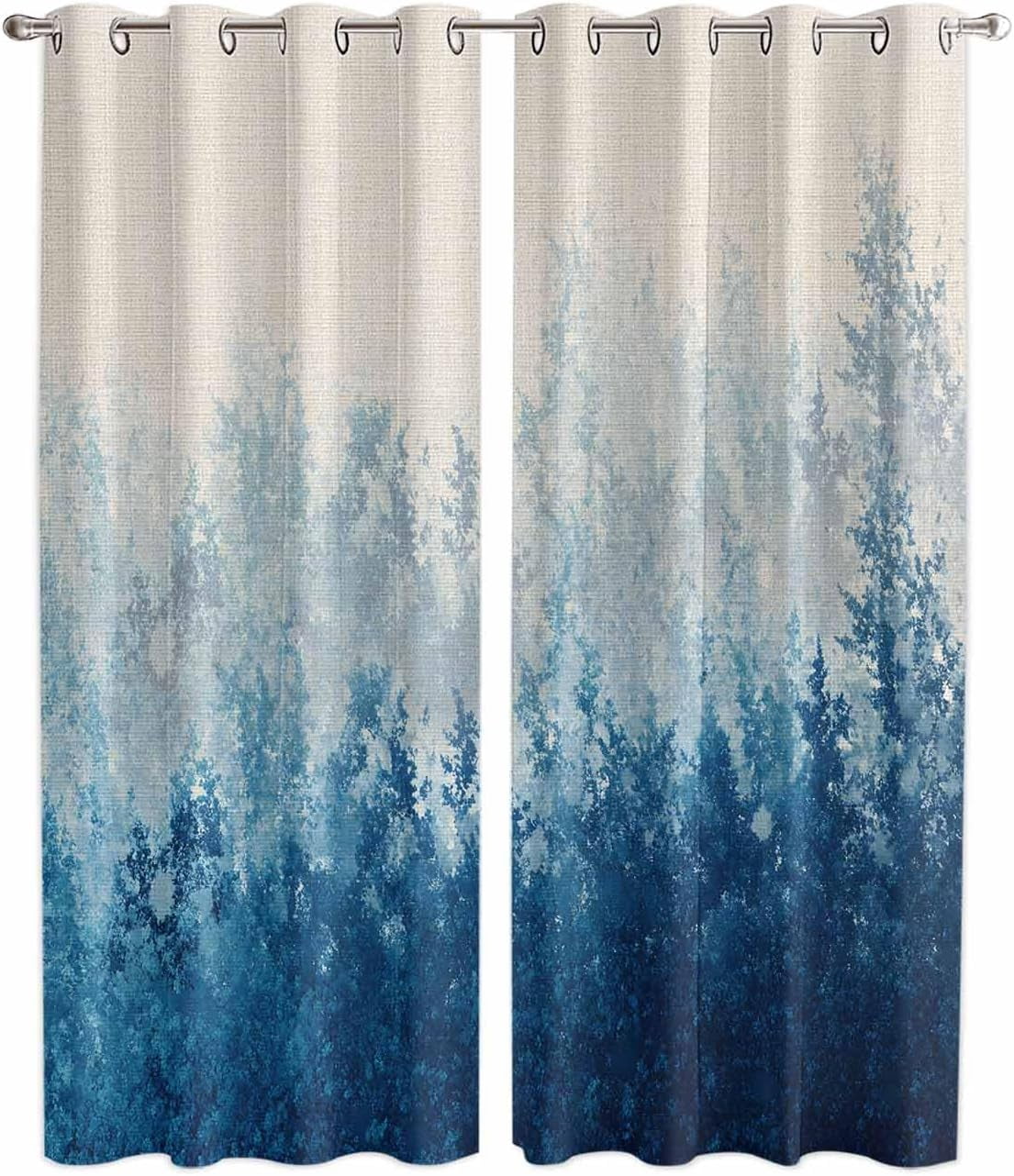Forest Blue Window Curtains,Retro Gradient Abstract Tree Nature Scenery ...