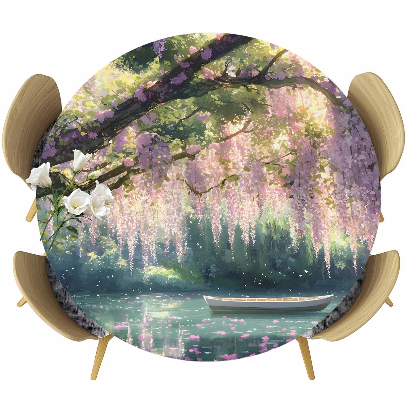 Forest Boat Round Tablecloth, Fitted Table Cover with Elastic for 36 ...