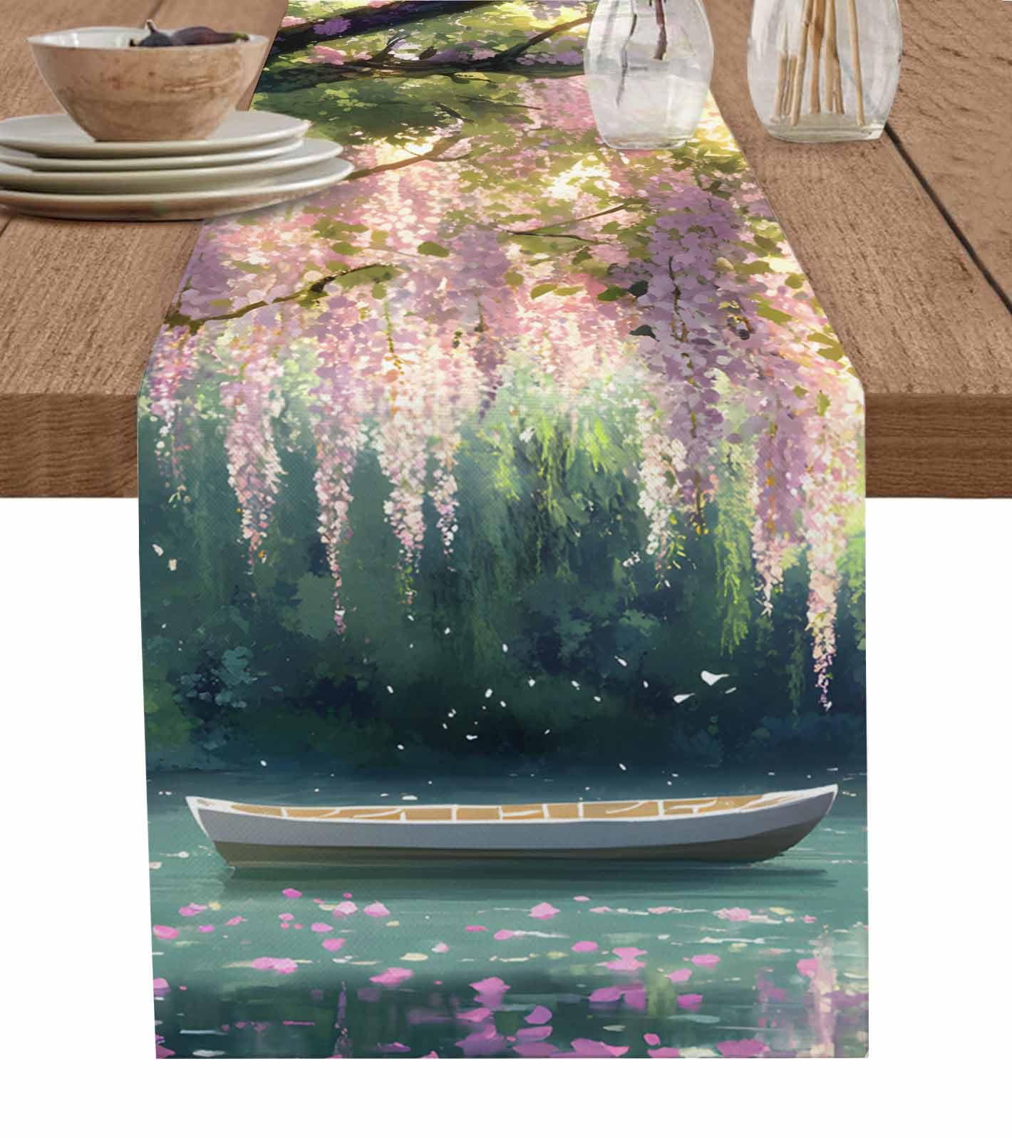 Forest Boat Table Runner 72 Inches, Green Tree Flowers Floral ...