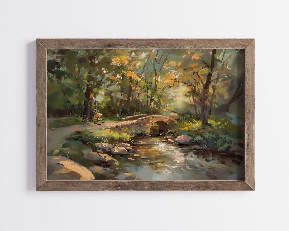 Forest Bridge Wall Art, Green Nature Trees Poster, Moody Landscape ...