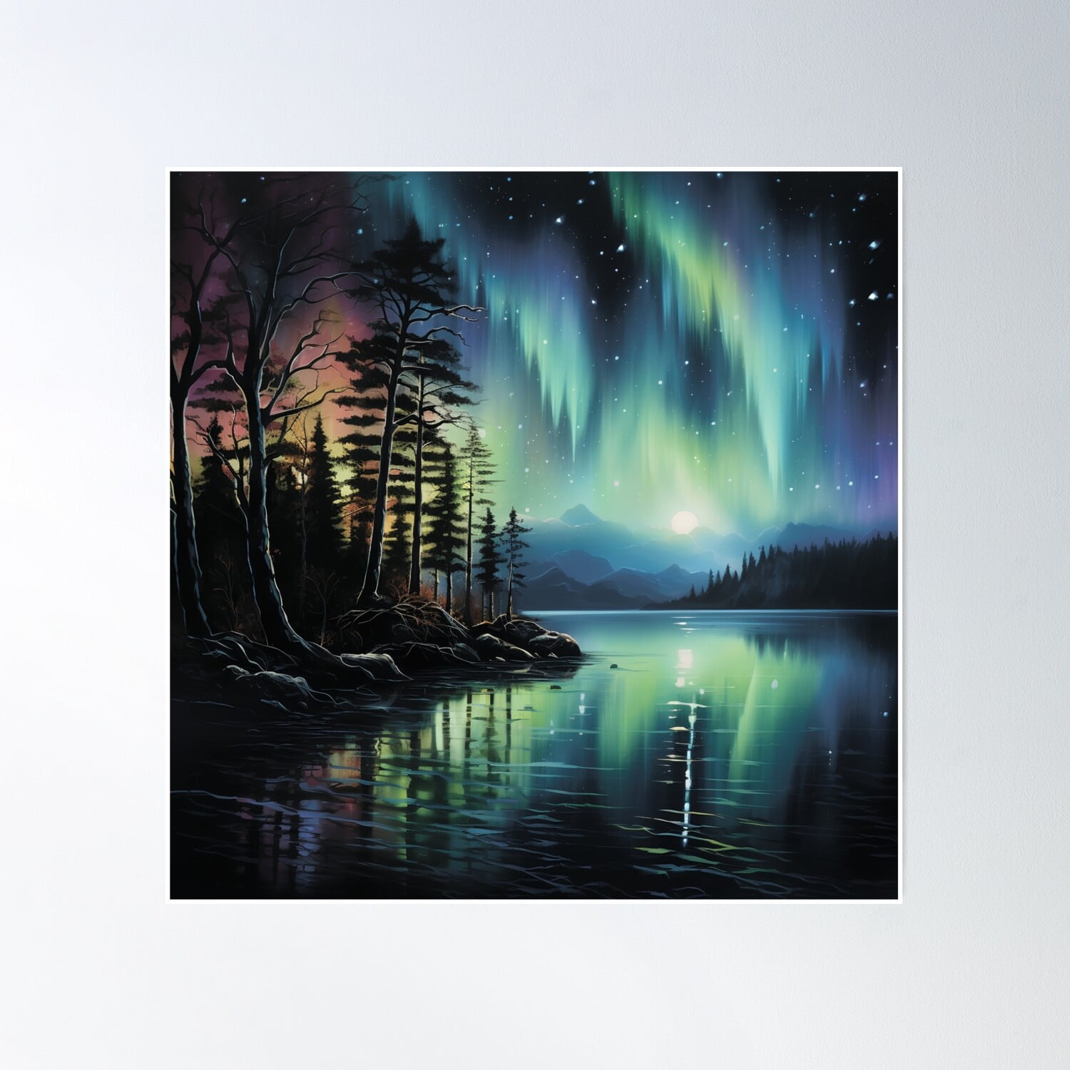 Forest By The River.Forest Landscape.Northern Lights. Poster Wall Art, Modern Wall Decor, 16x16 ...