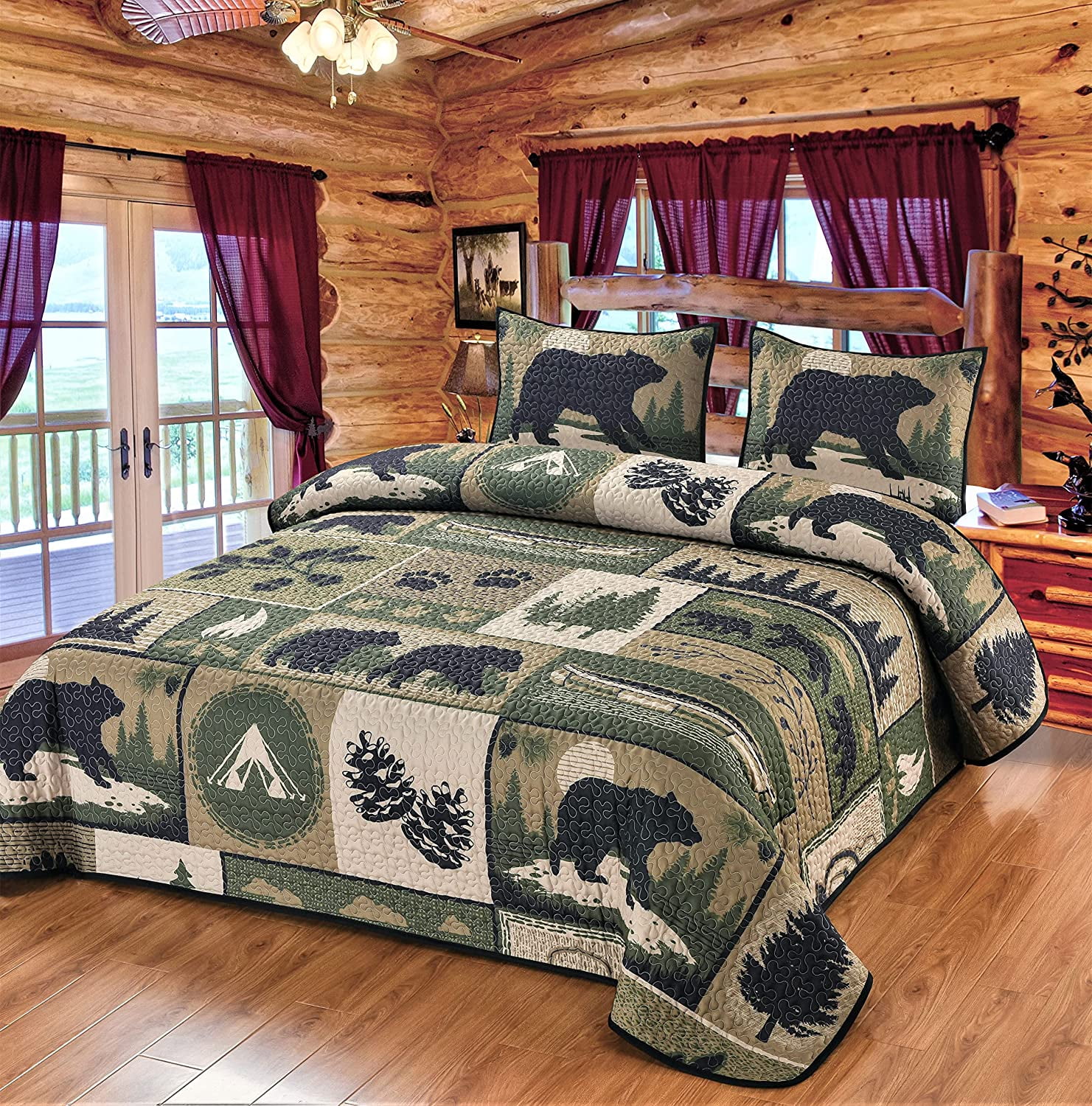 Queen Size Rustic Forest Camping Bear Canoe Quilt Bedding Set, Cabin ...
