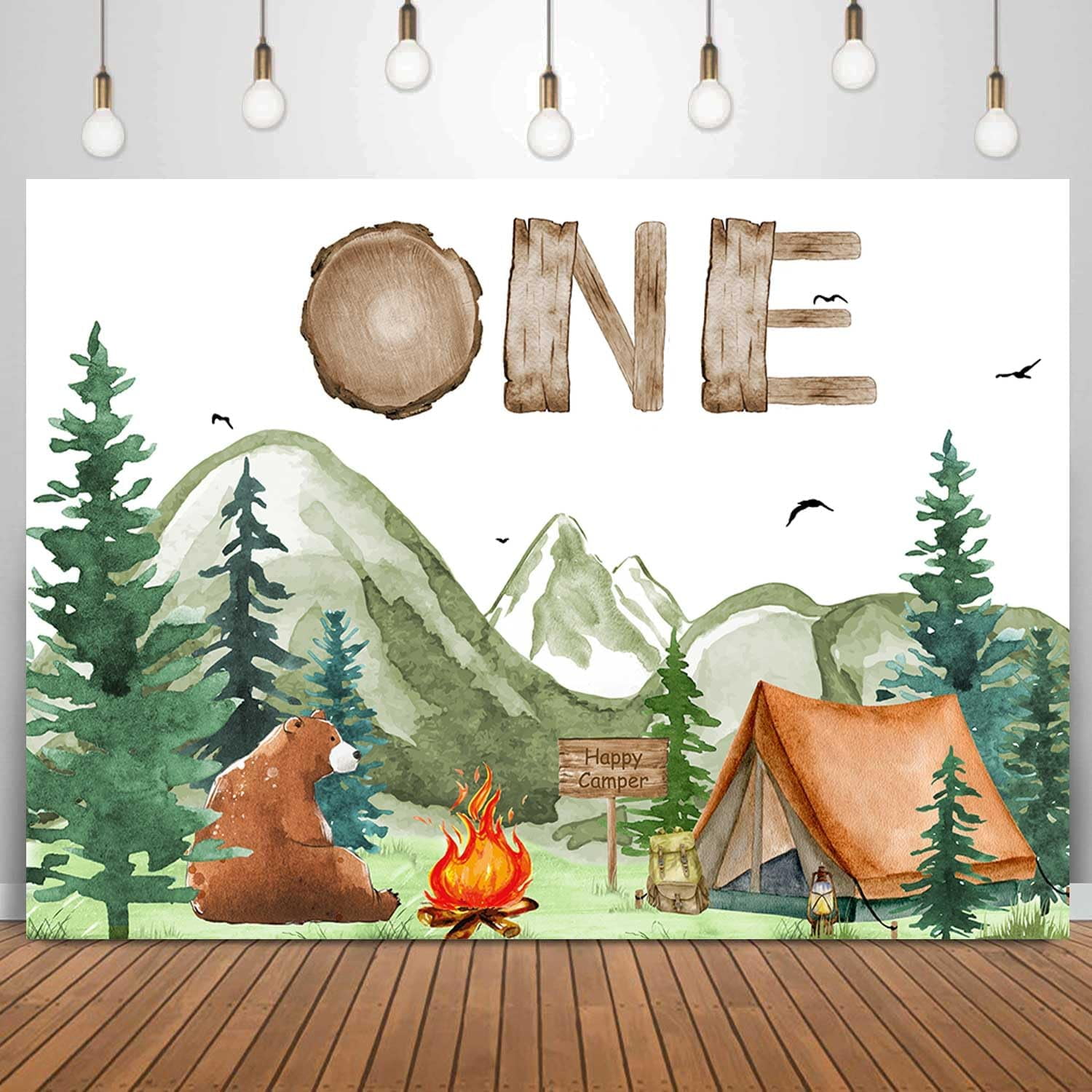 Forest Camping Birthday Backdrop One Happy Camper Birthday Decorations ...