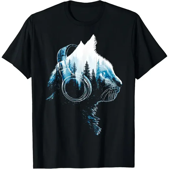 Forest Cat Headphones Double Exposure Unisex Music Lover Graphic T ...