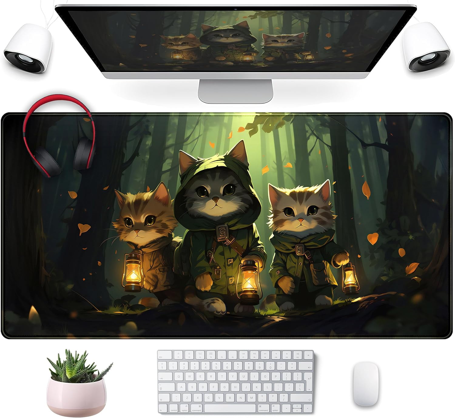 Forest Cats Desk Mat Anime Cat Desk Pad Cute, Green Mouse Pad XXL ...