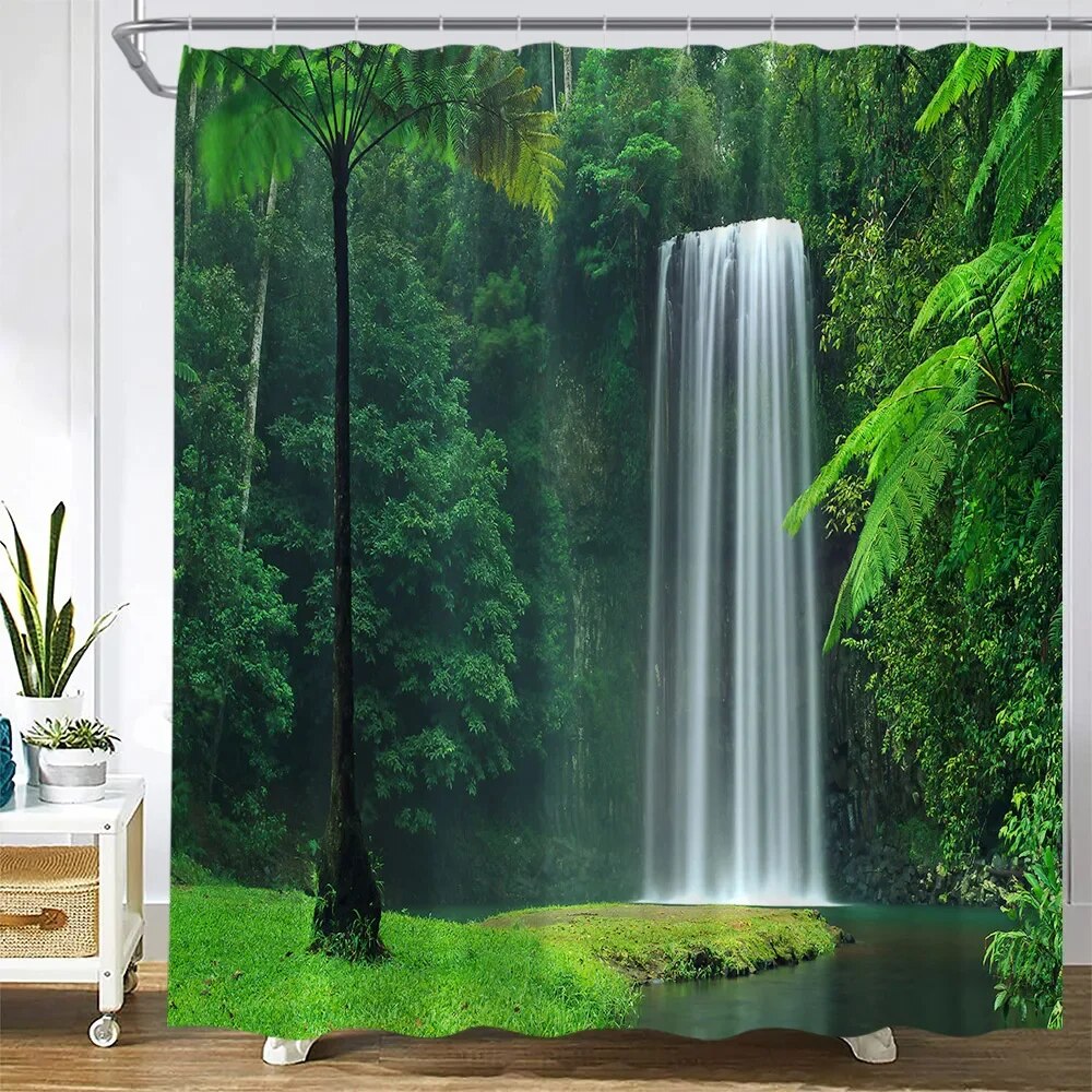 Forest Cave Waterfall Landscape Shower Curtains Tropical Plant Trees ...