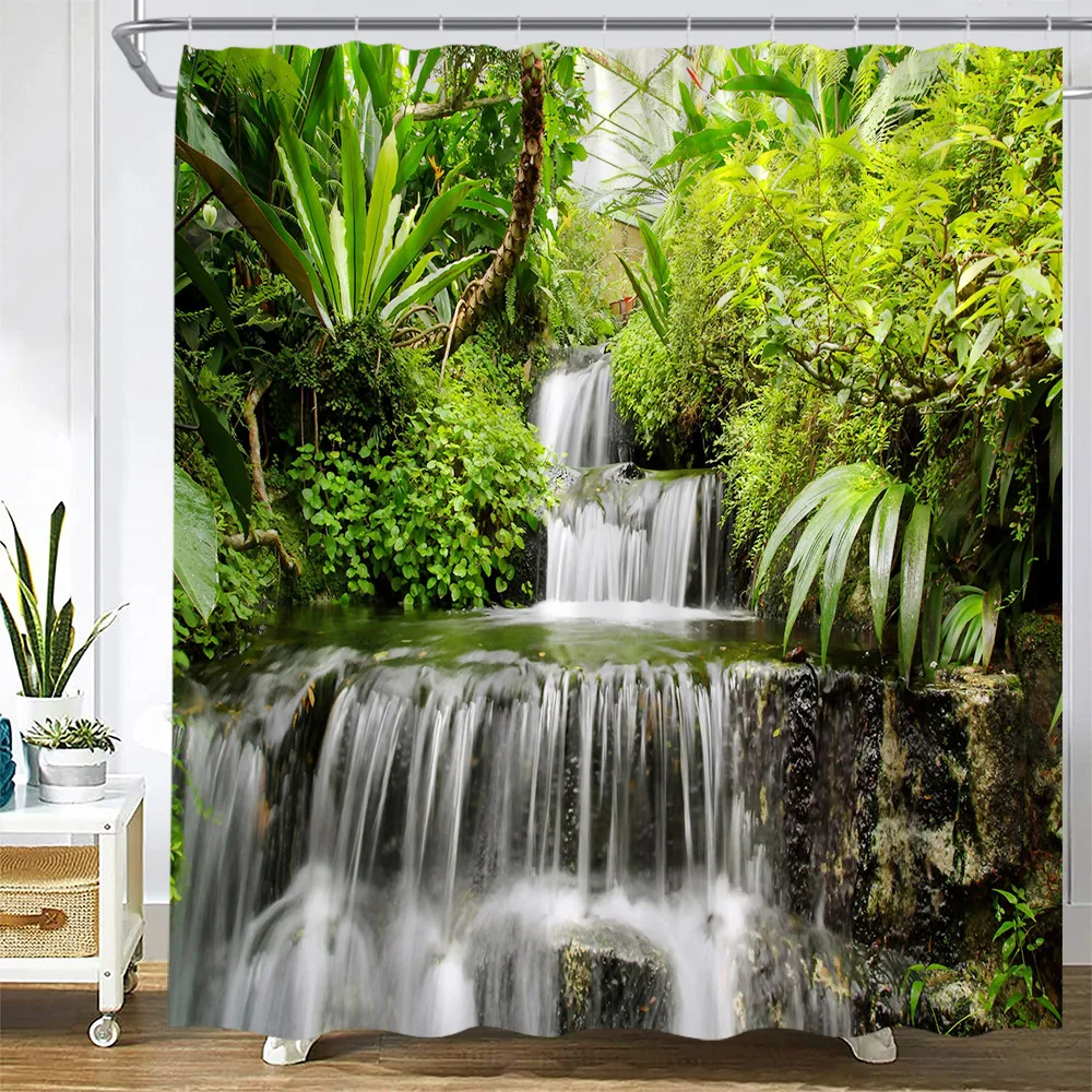 Forest Cave Waterfall Landscape Shower Curtains Tropical Plant Trees ...