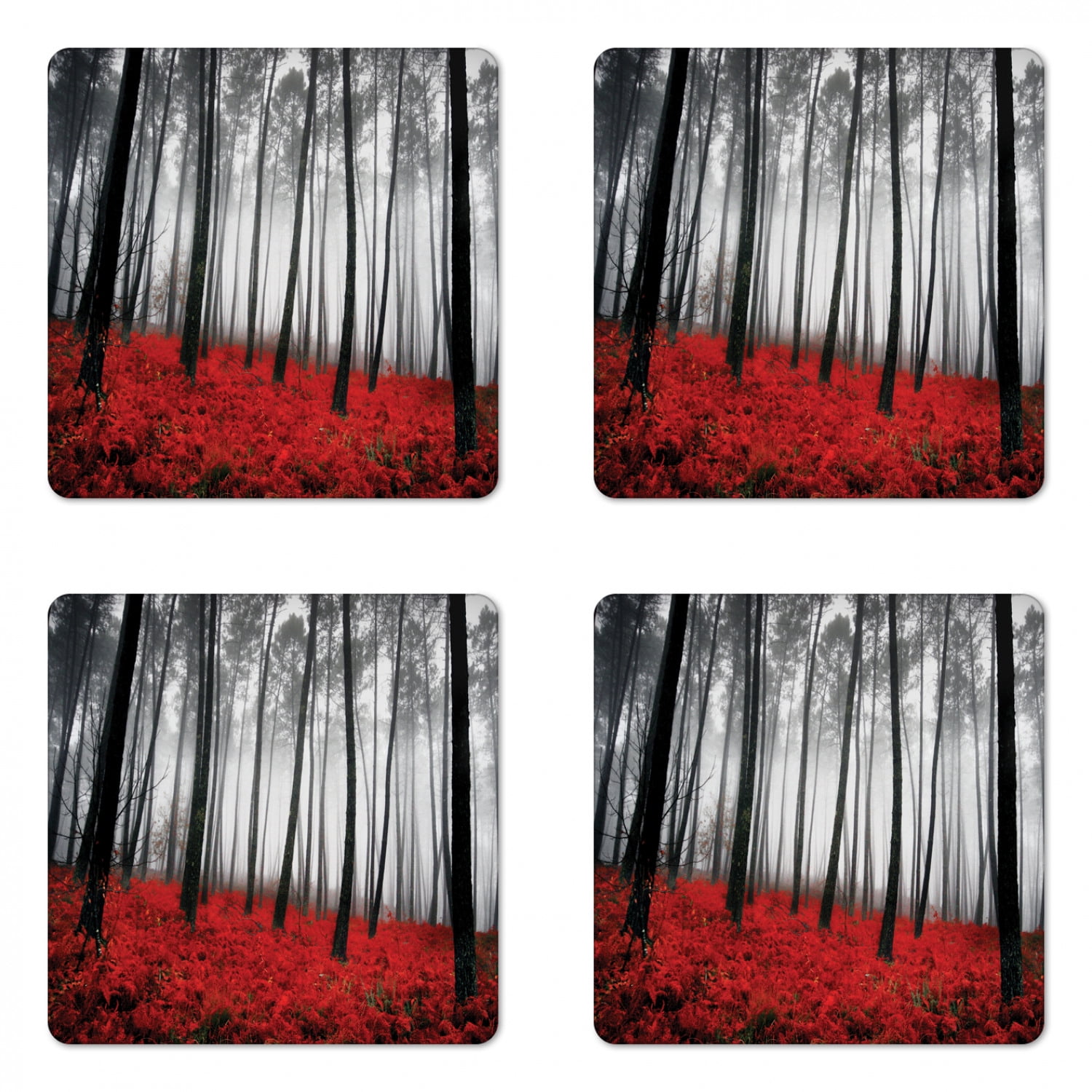 Forest Coaster Set of 4, Mystical Fantasy Woodland Under Heavy Fog Tall ...