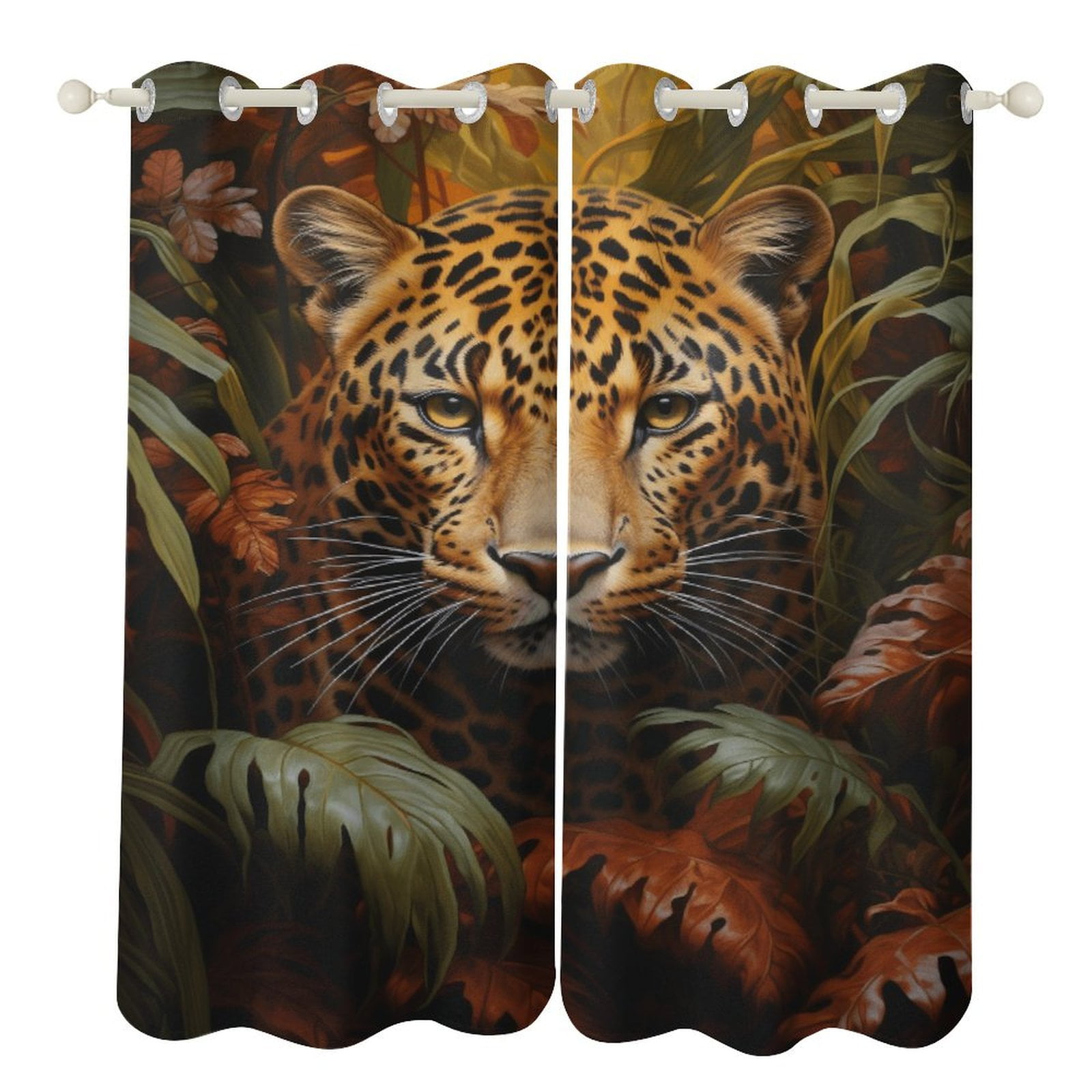 Forest Colored Leopard Flower Leaves 2 Panel Curtain Set, Watercolor ...
