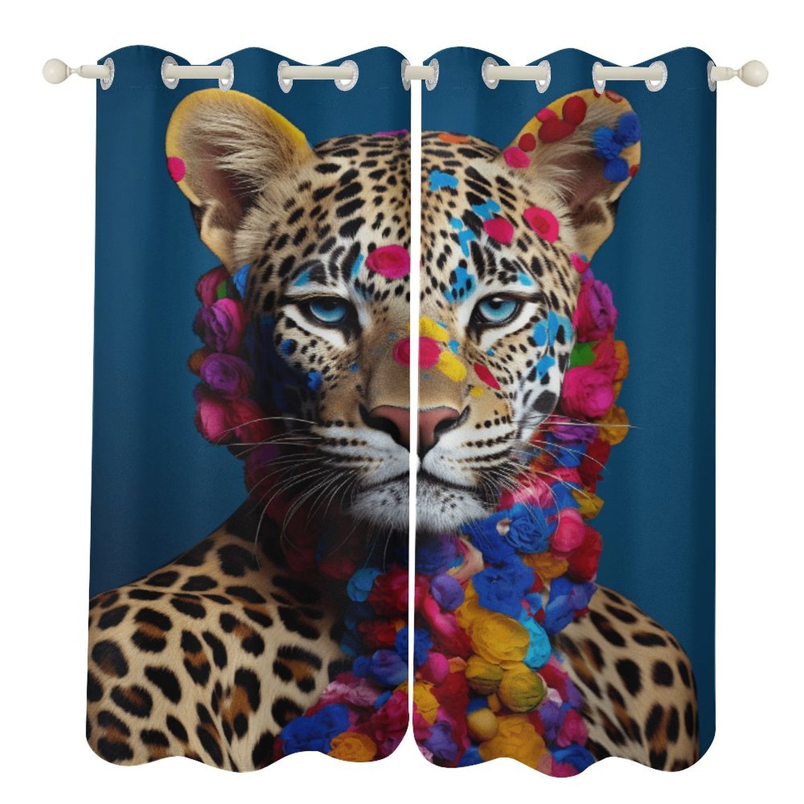 Forest Colored Leopard Flower Leaves 2 Panel Curtain Set, Watercolor ...