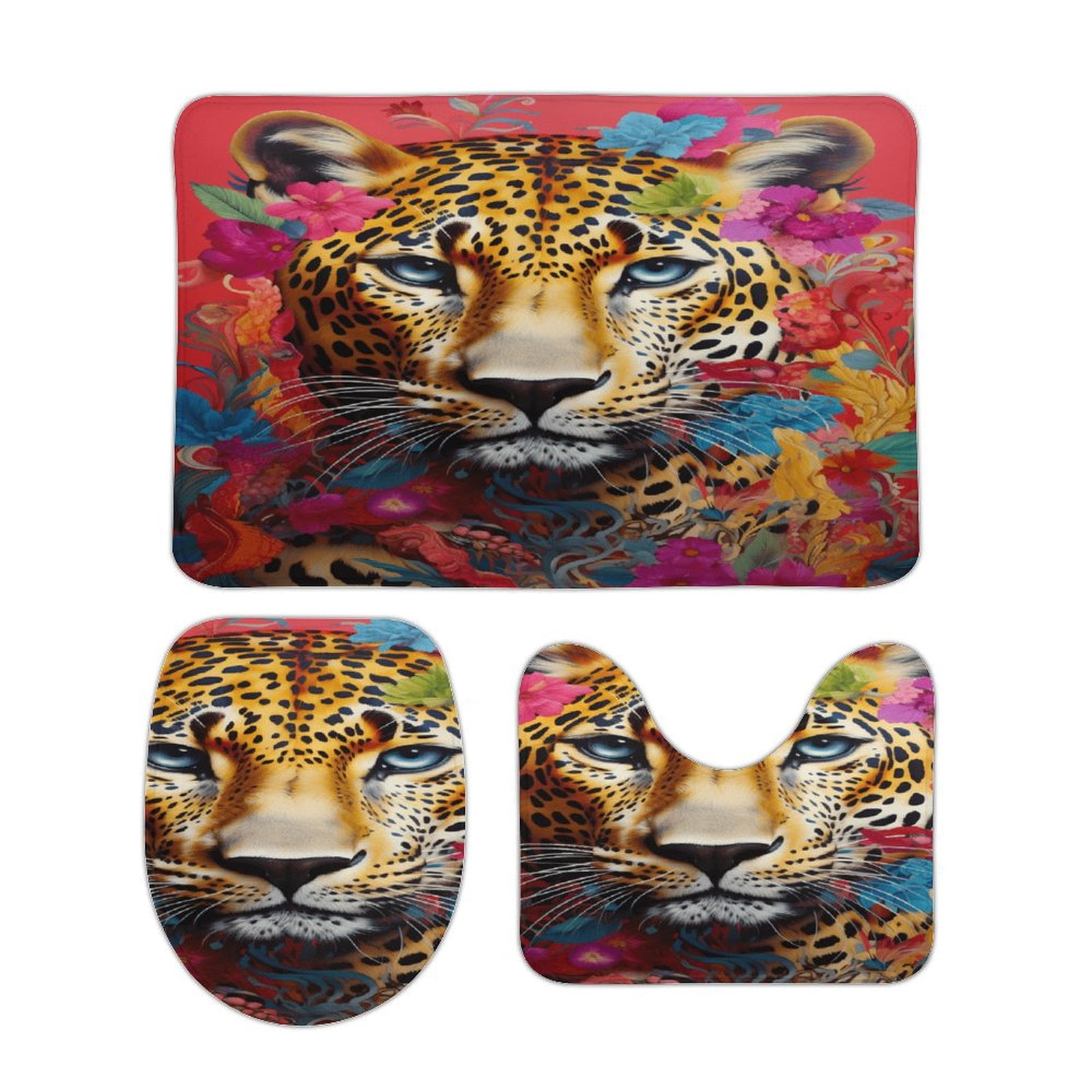Forest Colored Leopard Flower Leaves Bathroom Mats Set 3-piece Bath ...
