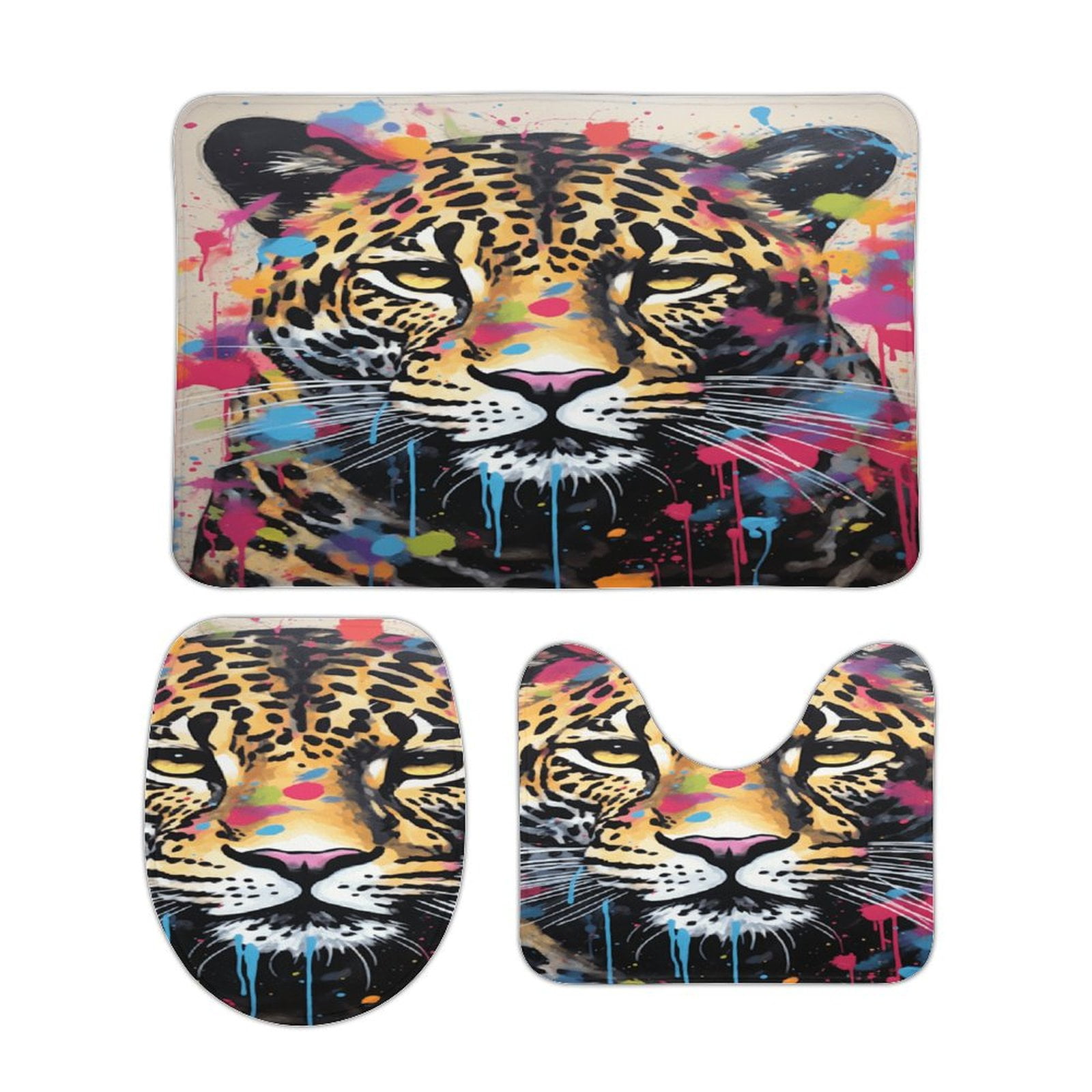 Forest Colored Leopard Flower Leaves Bathroom Mats Set 3-piece Bath ...