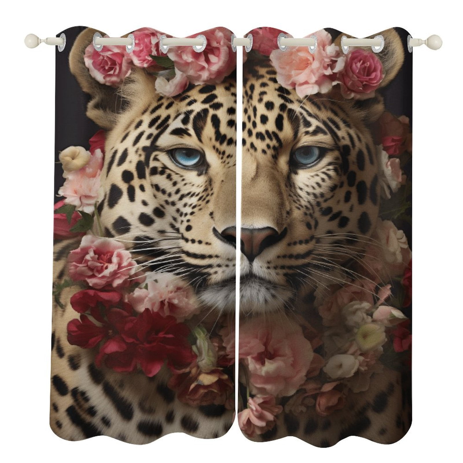 Forest Colored Leopard Flower Leaves Curtains Watercolor Theme Window ...