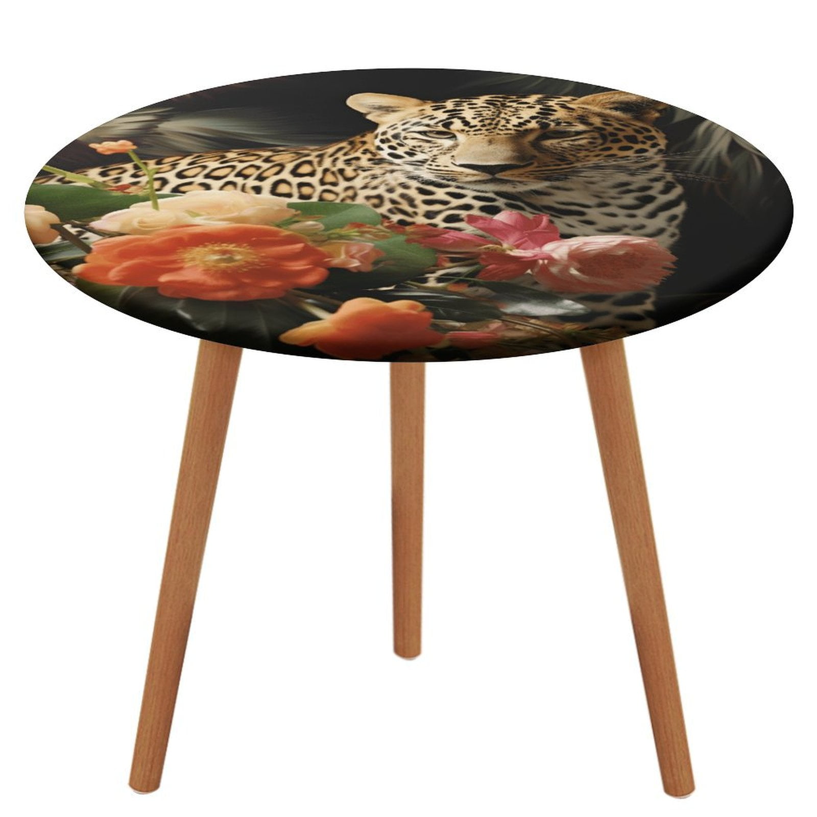 Forest Colored Leopard Flower Leaves Pattern Round Tablecloth ...