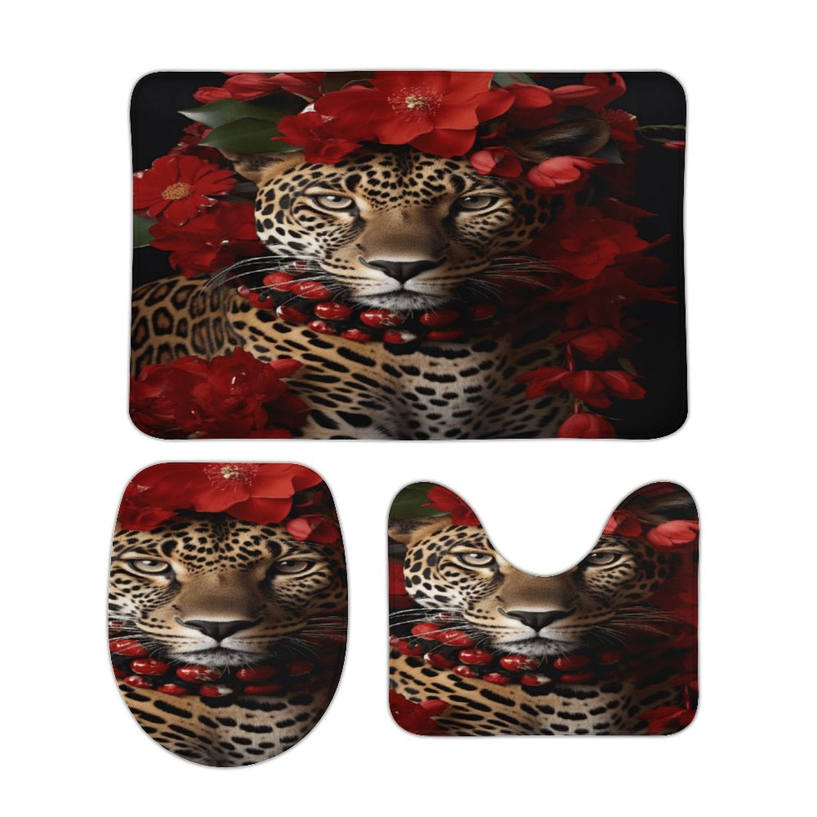 Forest Colored Leopard Flower Leaves Soft Bathroom Carpet Set , Contour ...