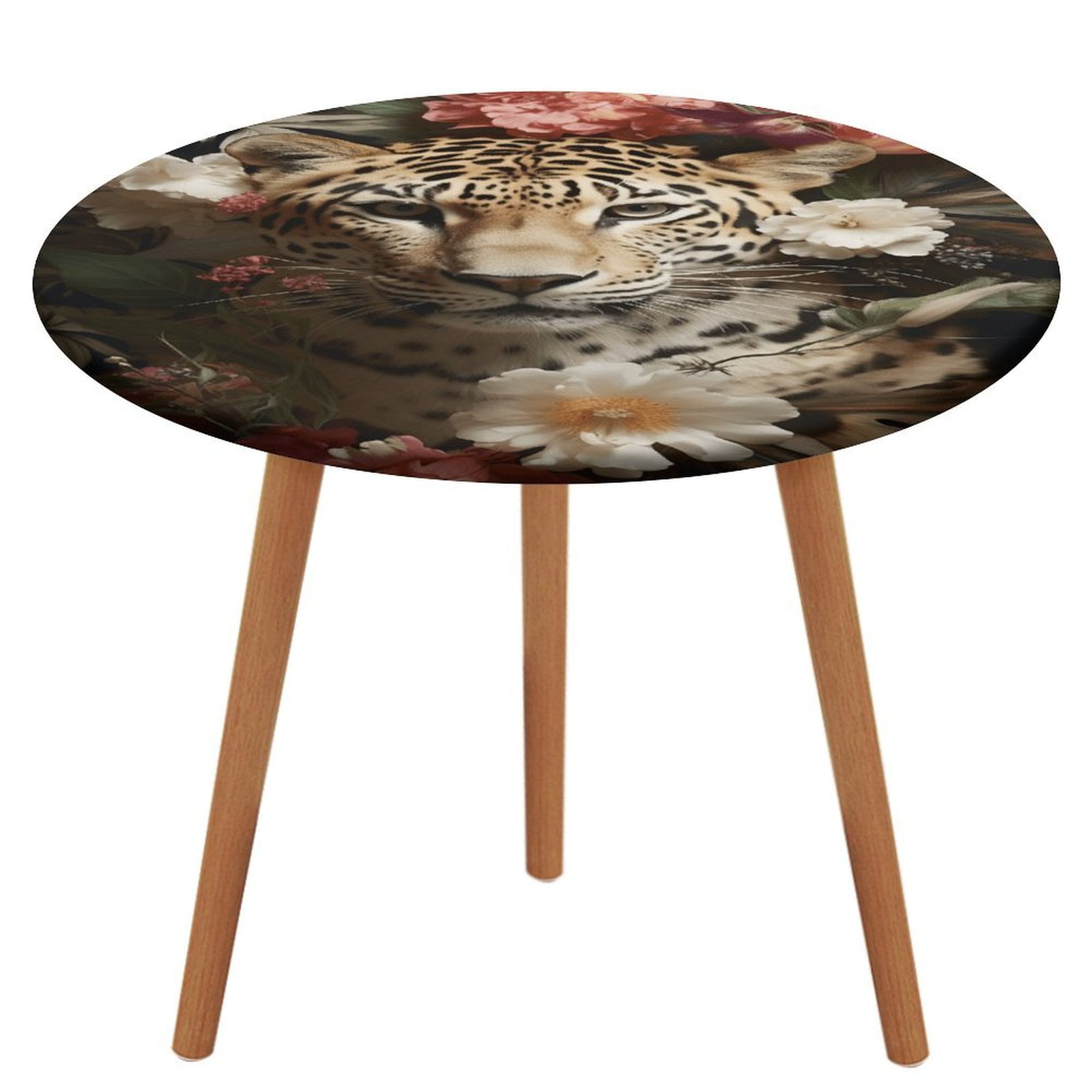 Forest Colored Leopard Flower Leaves Tablecloth Round Elastic Fitted ...