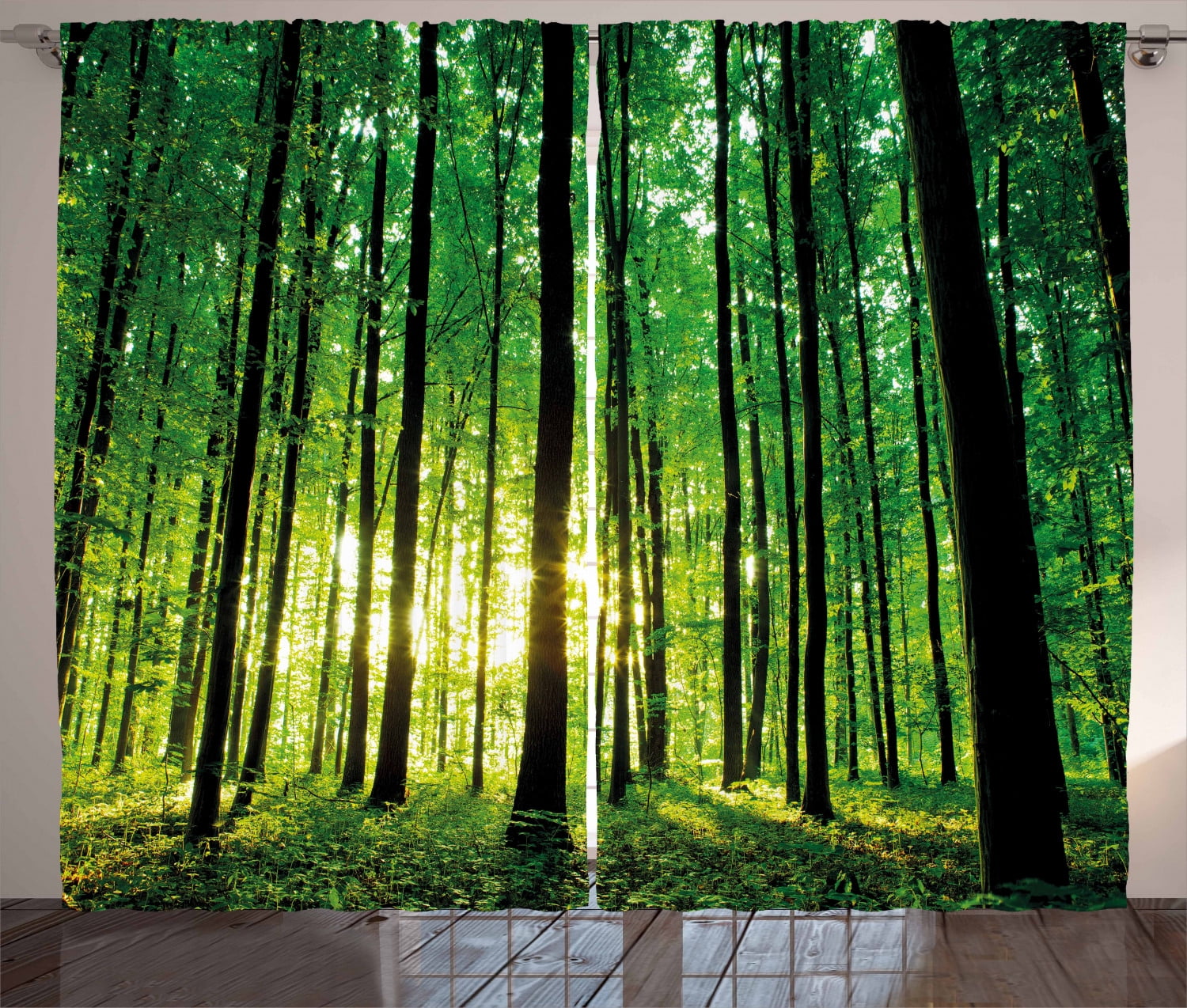 Ambesonne Forest Curtains 2 Panel Set, Green Woodland Sunrise, 108" x ...