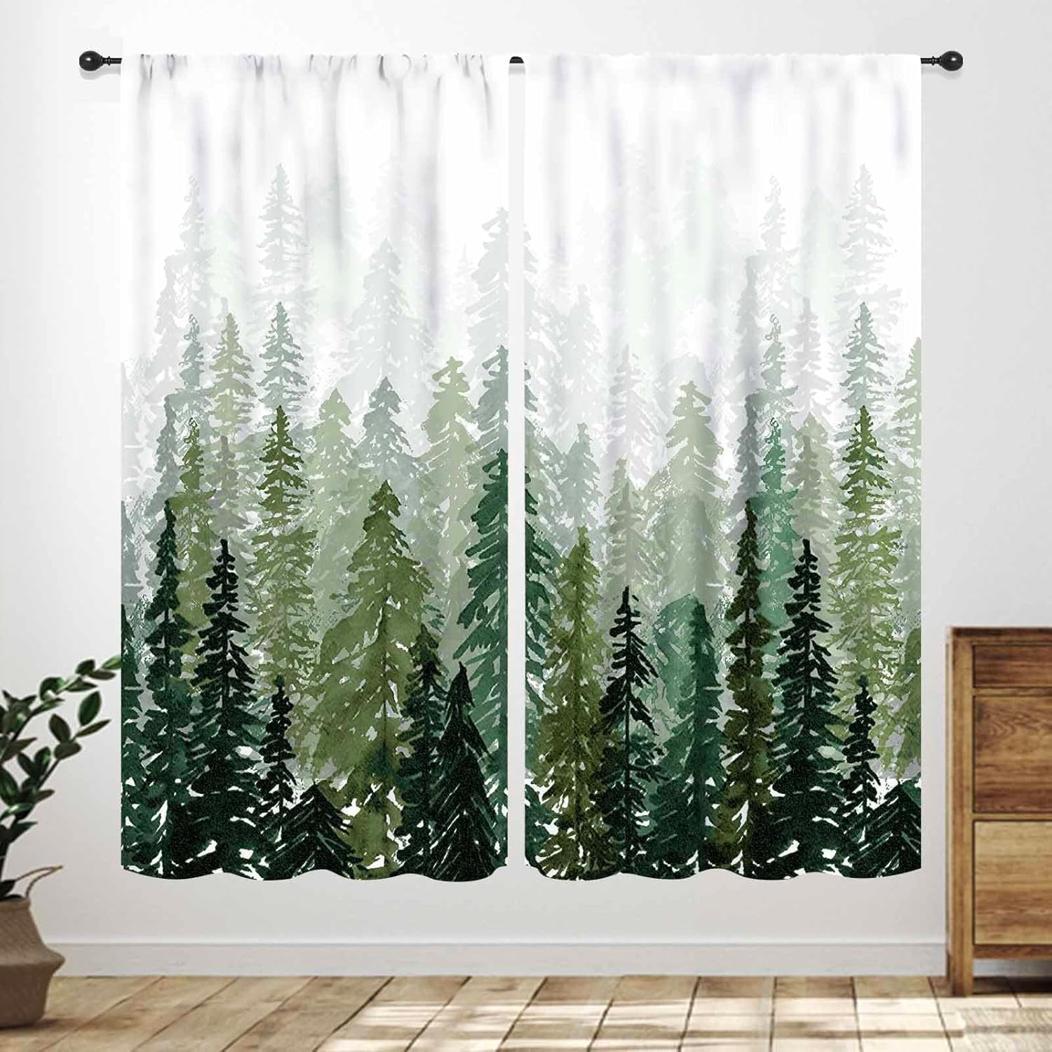 Forest Curtains,Watercolor Green Forest Pine Trees Natural Landscape ...