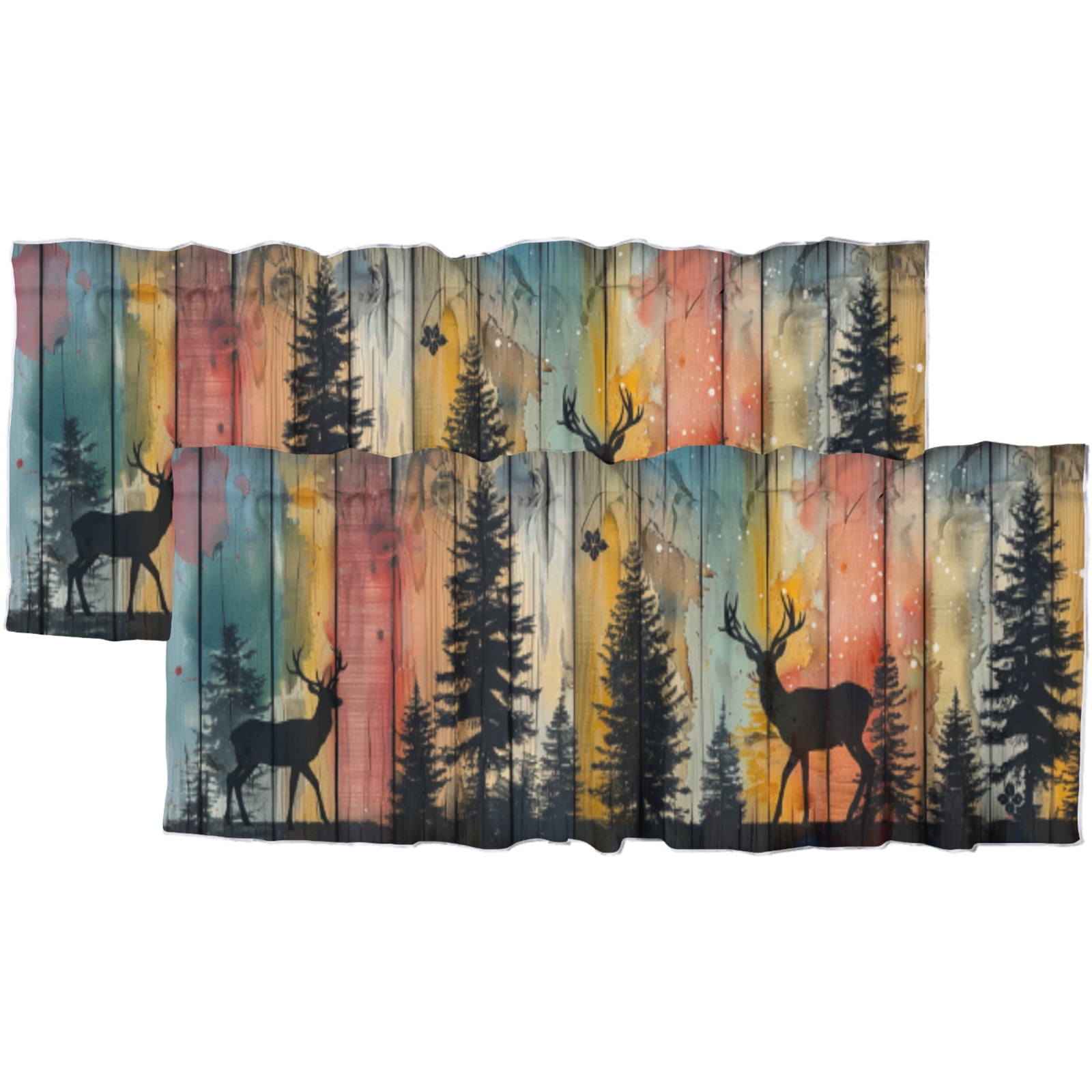 Forest Deer Curtain Valances Colourful Wooden Board Woodland Rustic ...