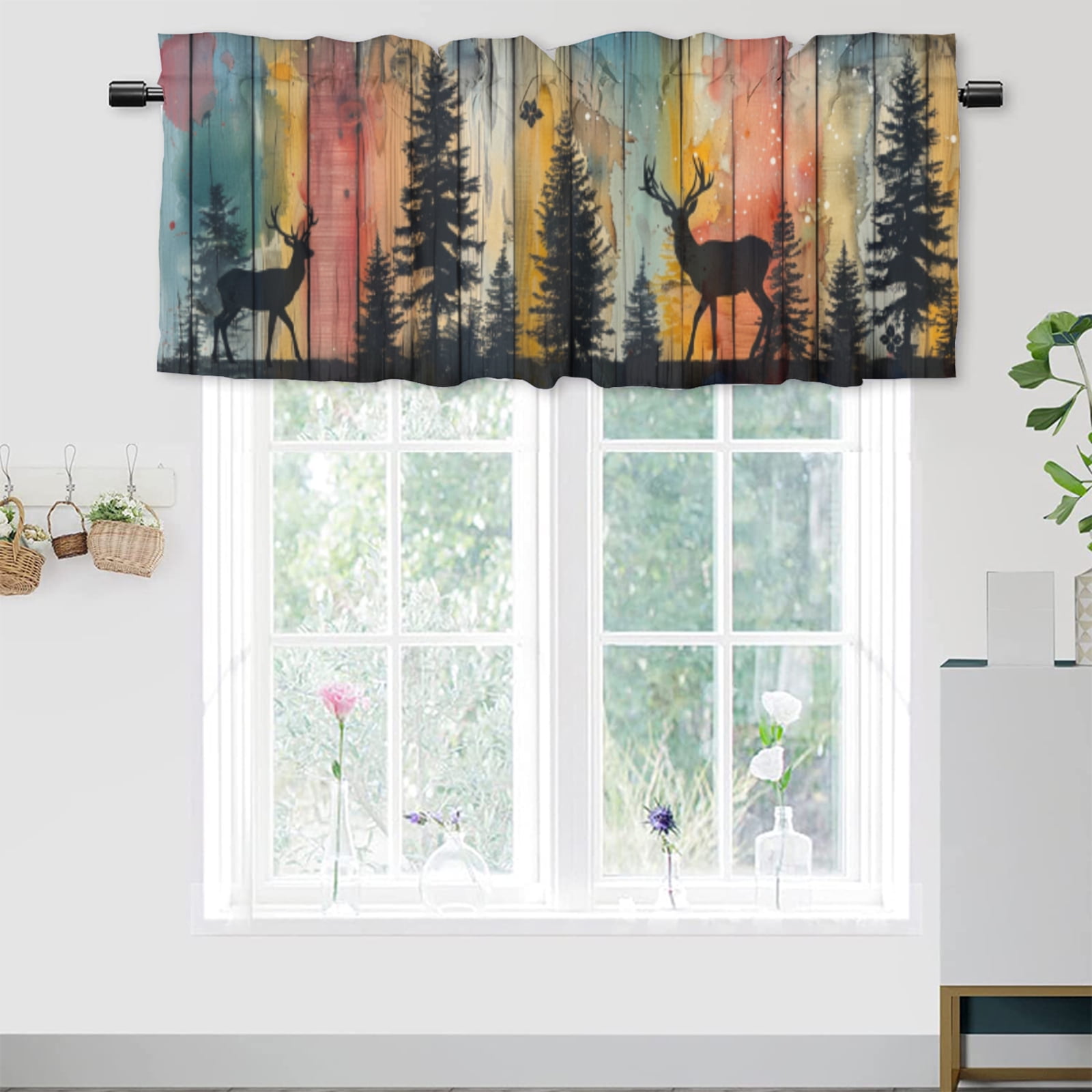 Forest Deer Curtain Valances for Kitchen Colourful Wooden Board ...