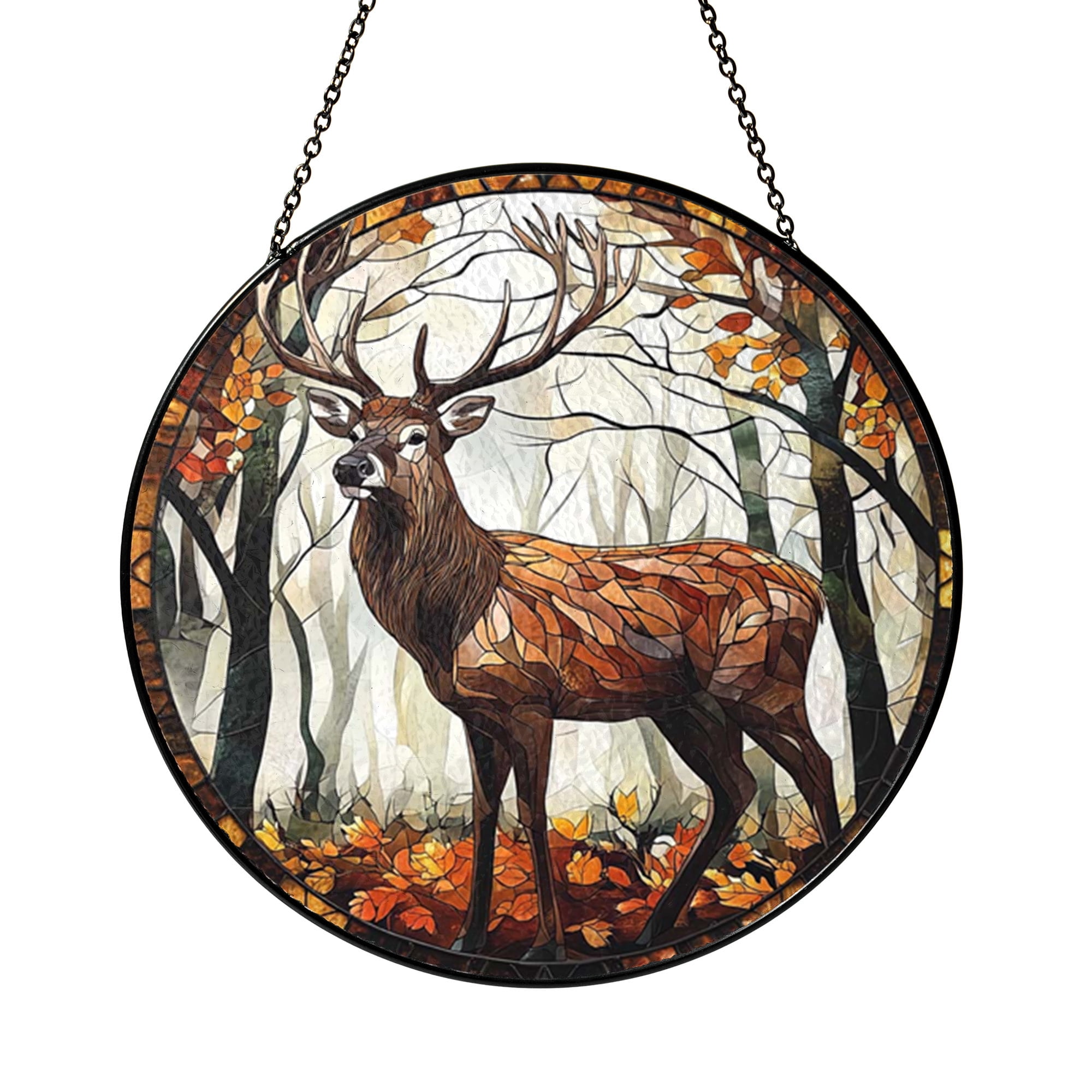Forest Deer Faux Stained Glass Round Window Decor2101 - Walmart.com