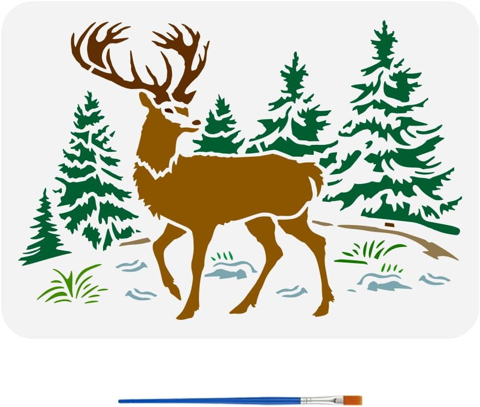Forest Deer Painting Stencil with Brush 8.3x11.7inch Deer Trees ...