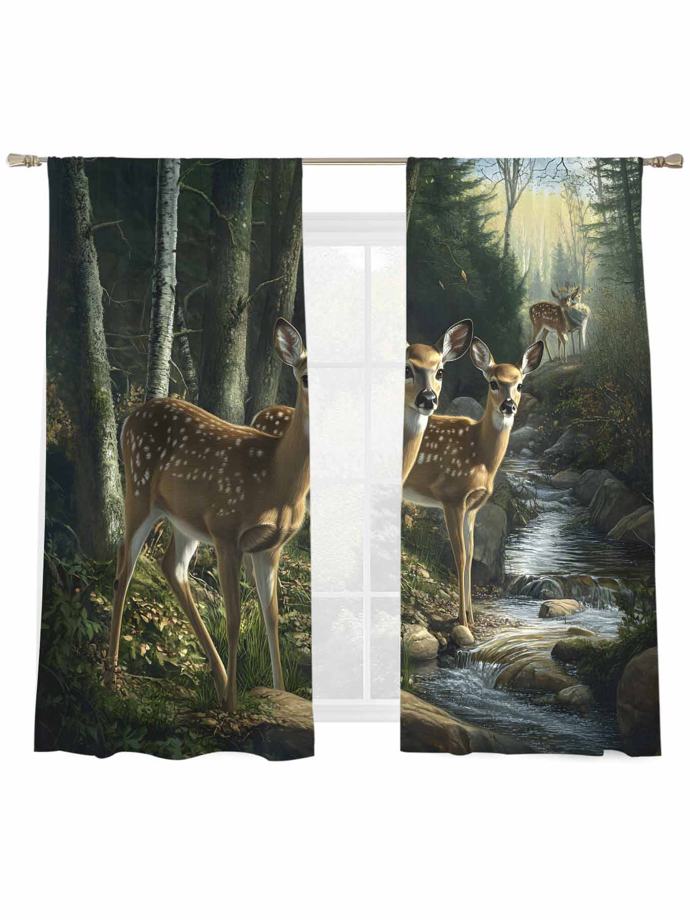 Forest Deer Sheer Curtains 63 Inch Long 2 Panels, River Animals Light ...